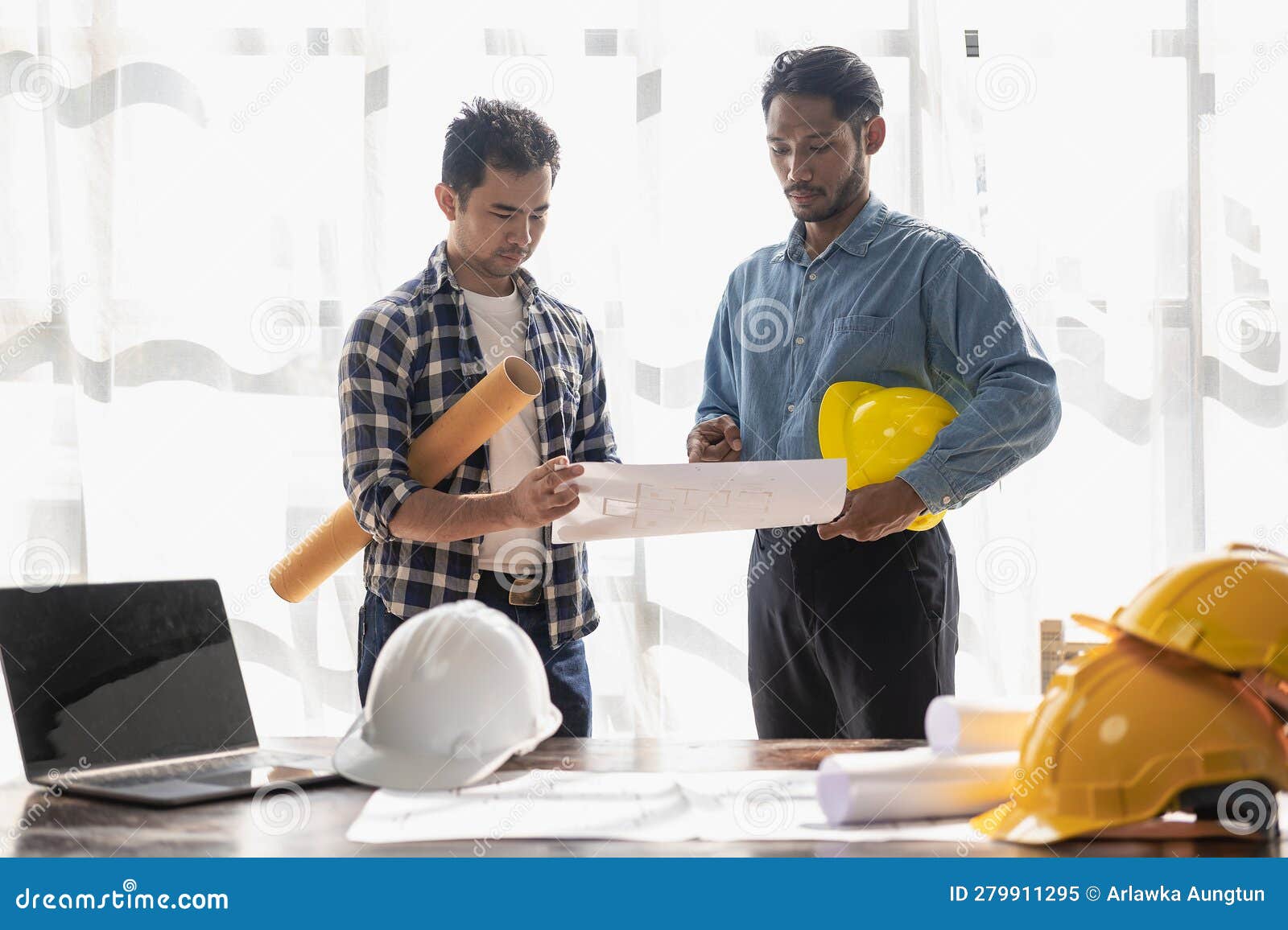 Construction Site Engineers, Two Businessmen Engineering Objects in ...