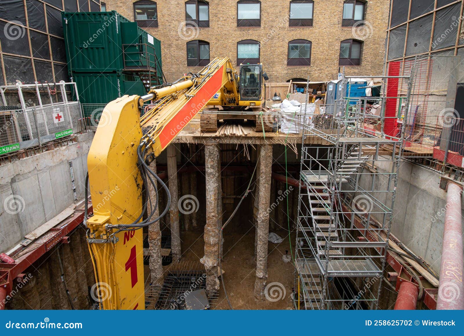 Construction Site Excavation With Temporary Propping, Concrete Piles ...
