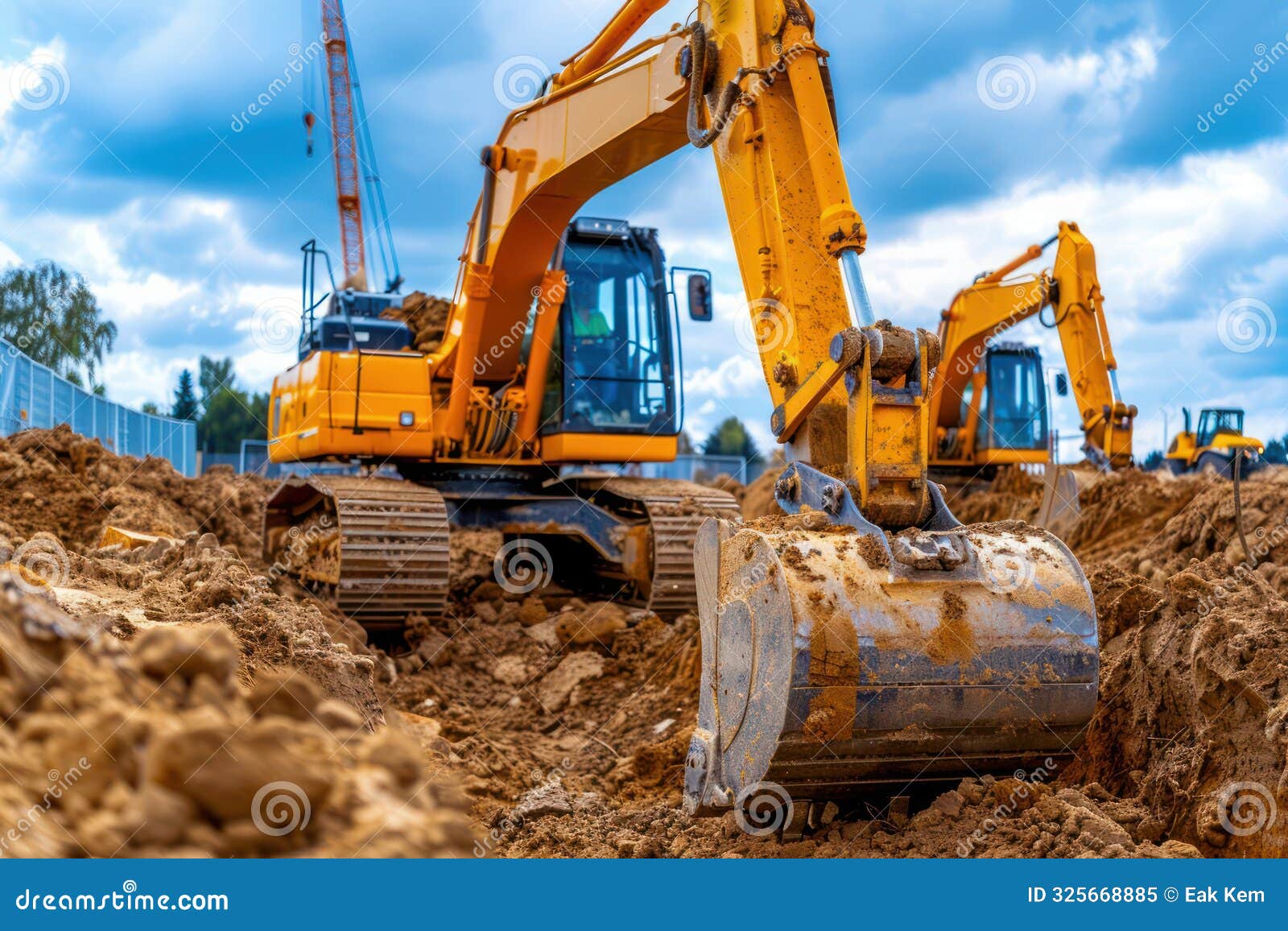 Construction Site Excavator Digging Trench, Detailed Outline of ...