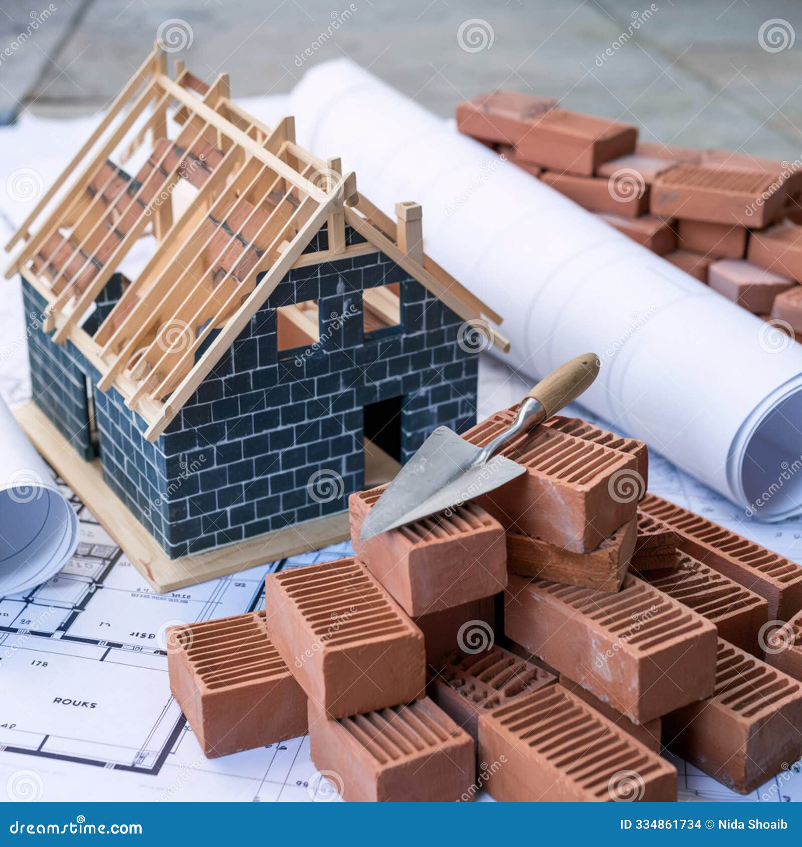 Construction Site Features Wooden Framework House, Bricks, Blueprints ...