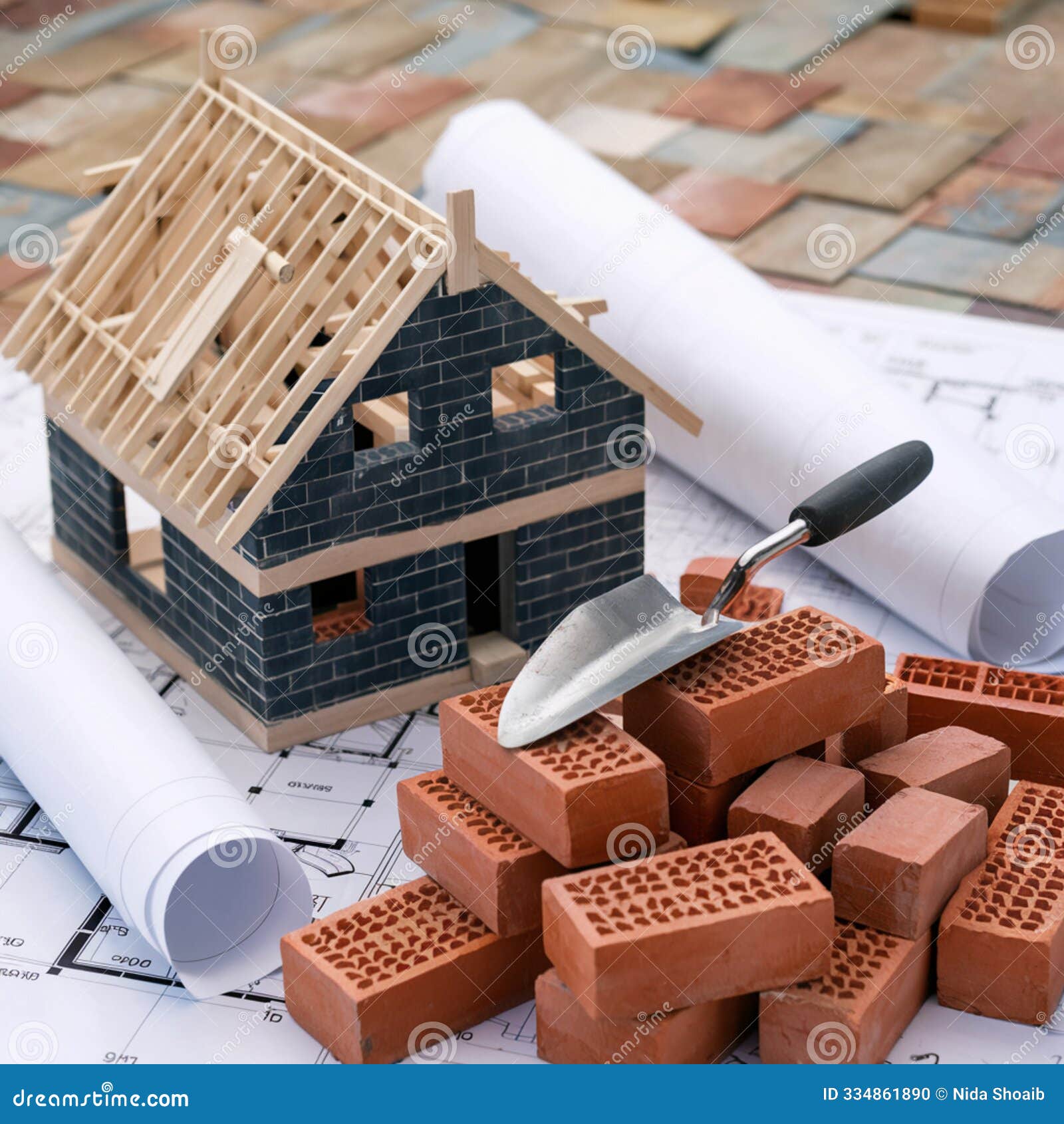 Construction Site Features Wooden Framework House, Bricks, Blueprints ...