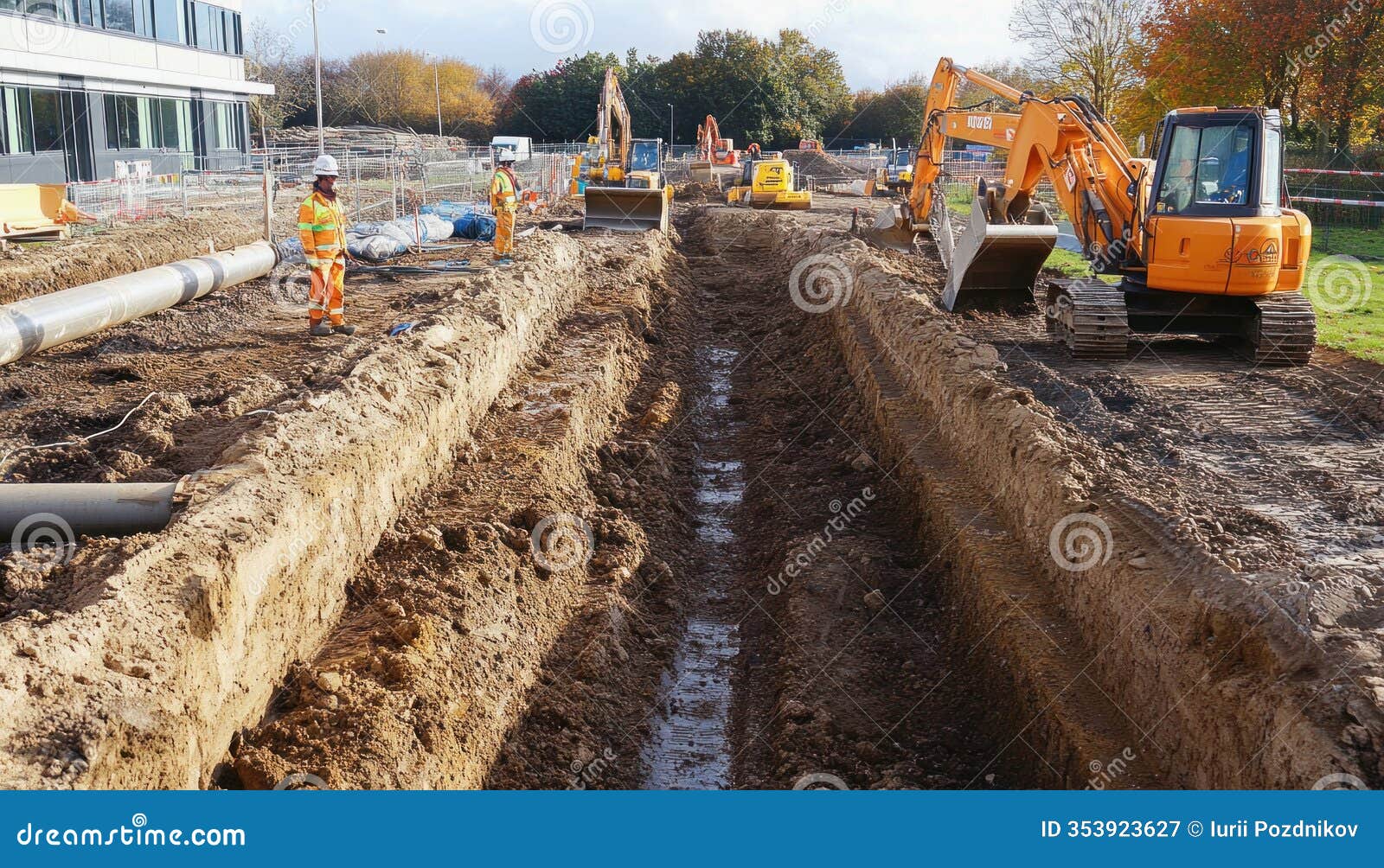 Construction Workers Supervising Excavator Digging Trench for Pipeline ...