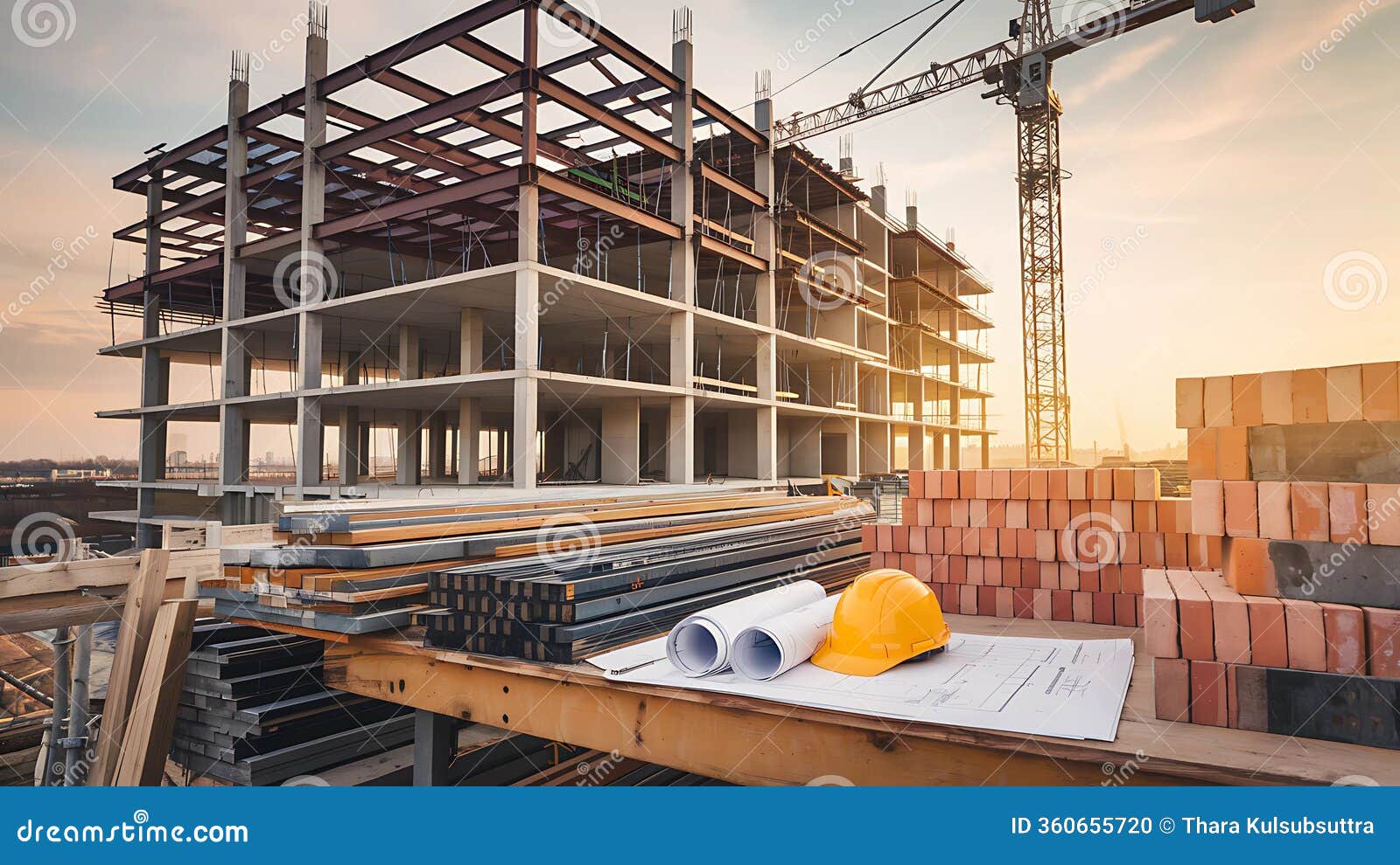 Construction Site Featuring a Multi-story Building Framework with Steel ...