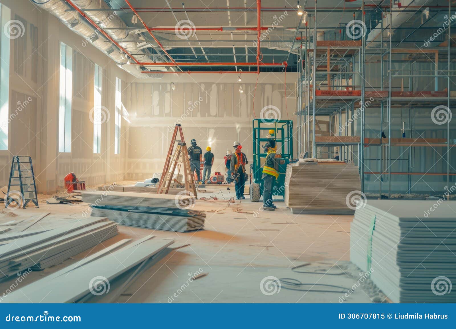 Construction Site with a Group of Workers Installing Drywall in a New ...