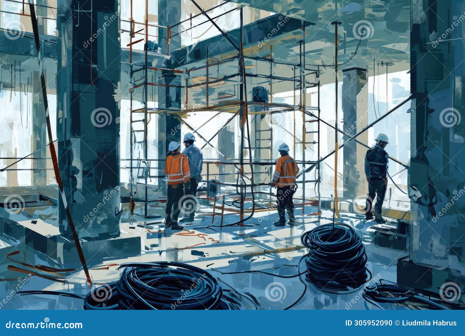 Construction Site with a Group of Workers Installing Electrical Wiring ...