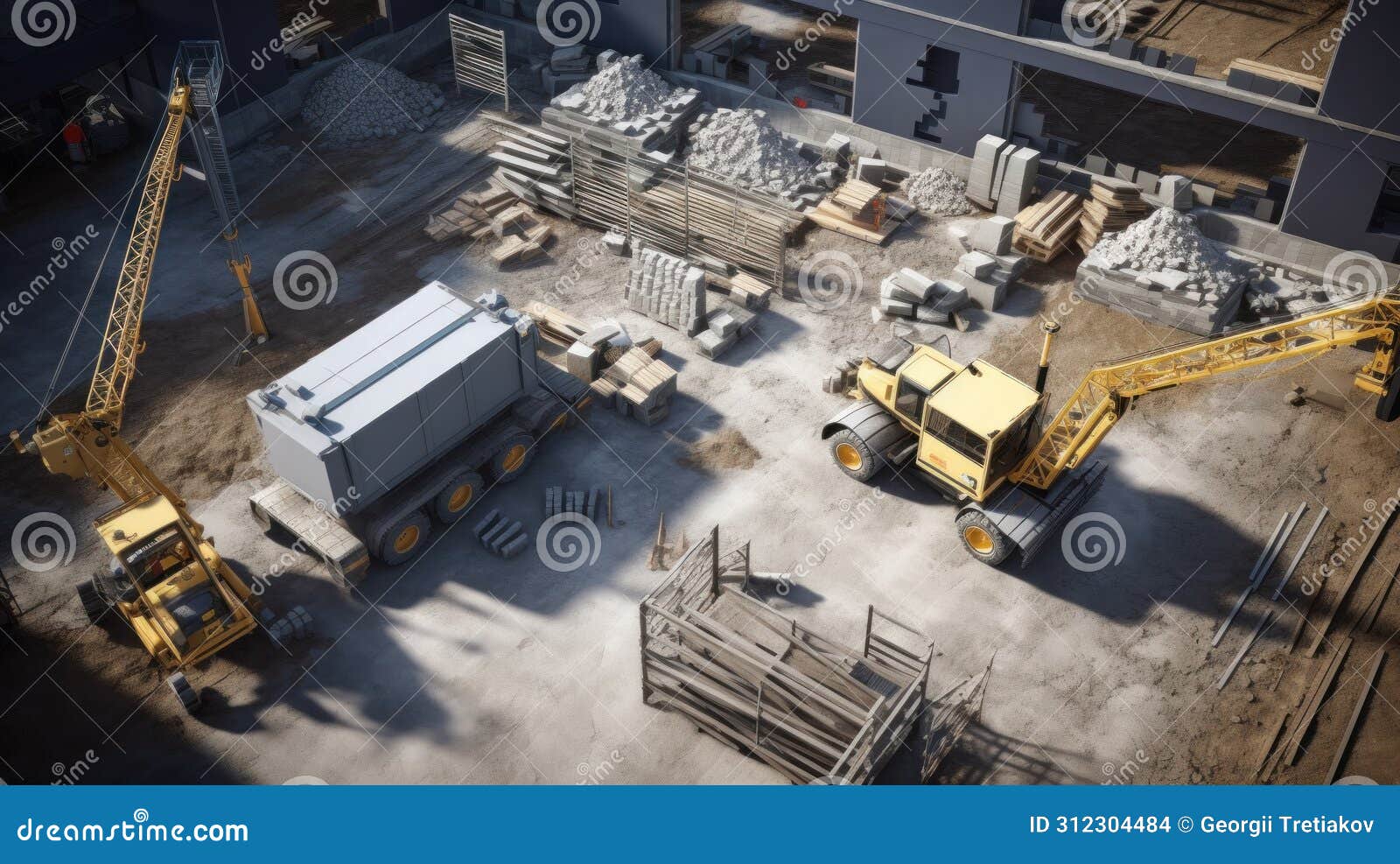 Construction Site with Heavy Machinery and Building Materials Stock ...