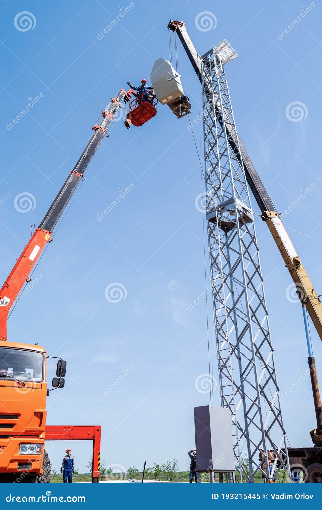Construction Site. Installation of a Wind Generator Using a Crane and ...