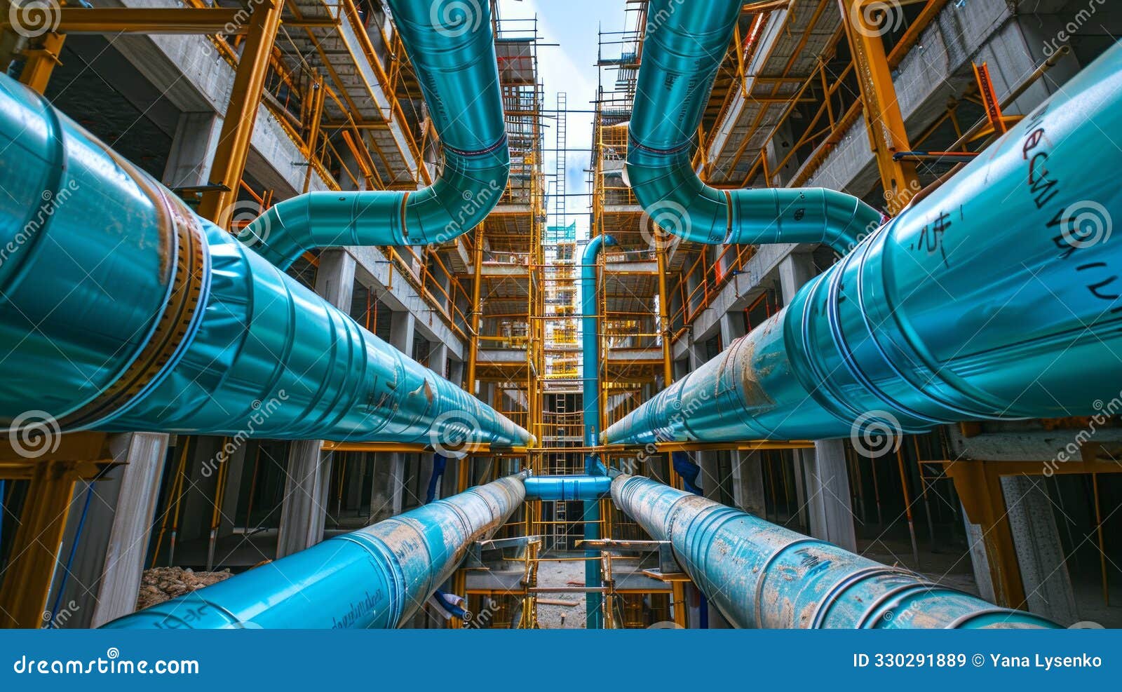 Construction Site with Large Blue Industrial Pipes and Scaffolding ...