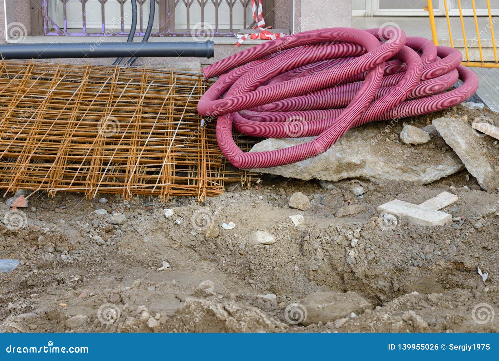 Laying Of Pipes With Pipe-laying Barge Crane Near The Shore. Descent Of ...