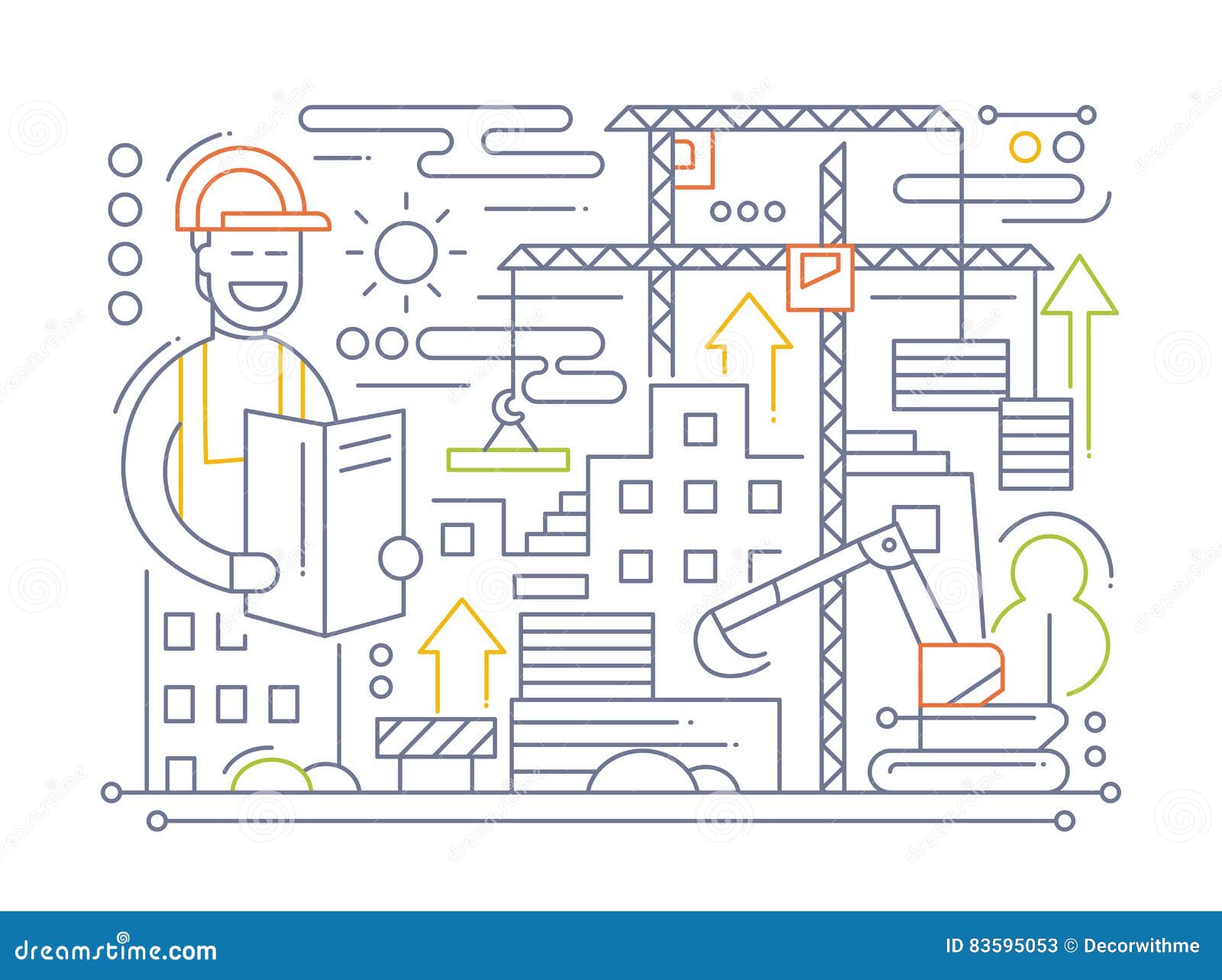 Construction Site - Line Design Composition Stock Vector - Illustration ...