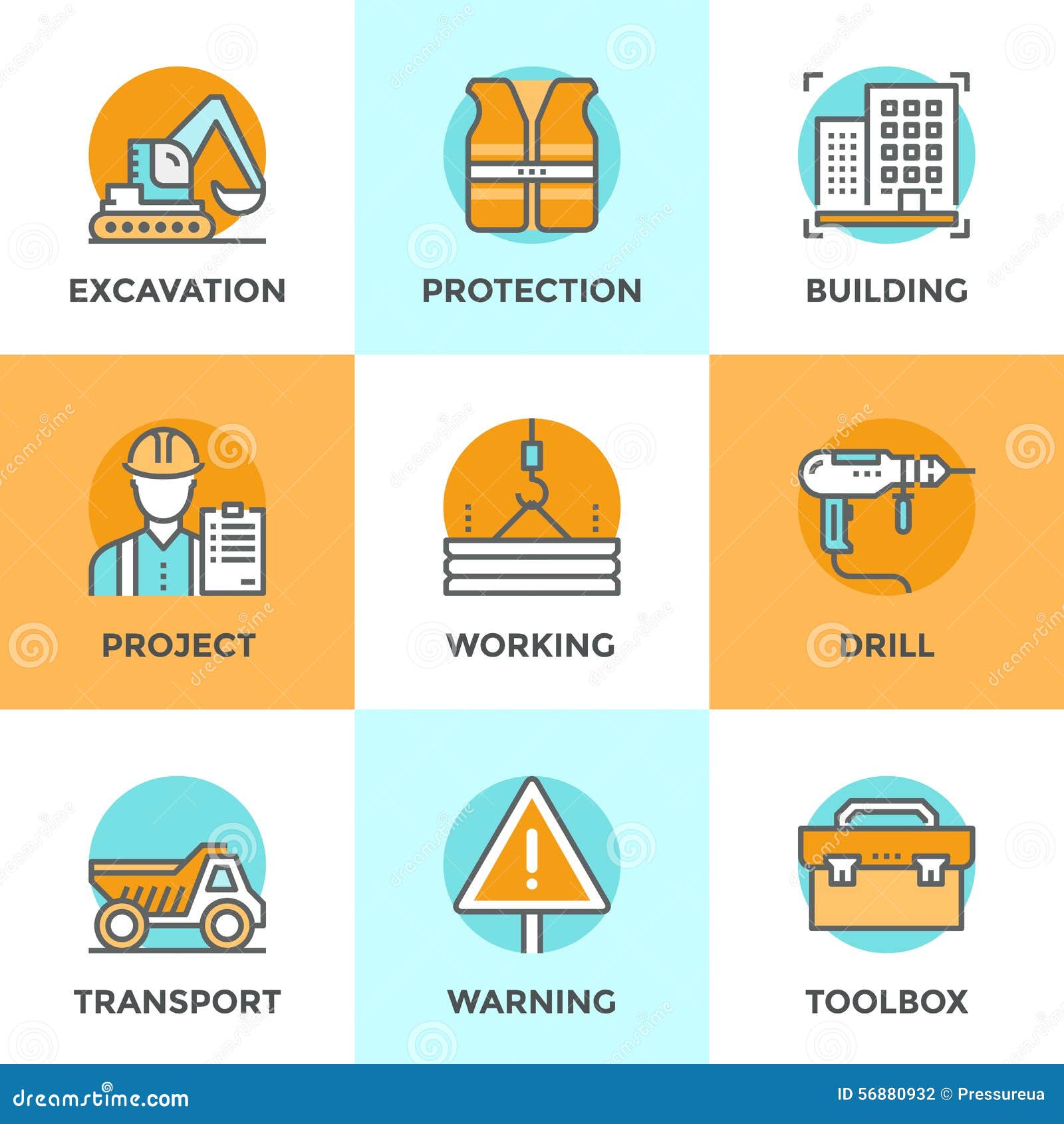 Construction Site Line Icons Set Stock Vector - Illustration of ...