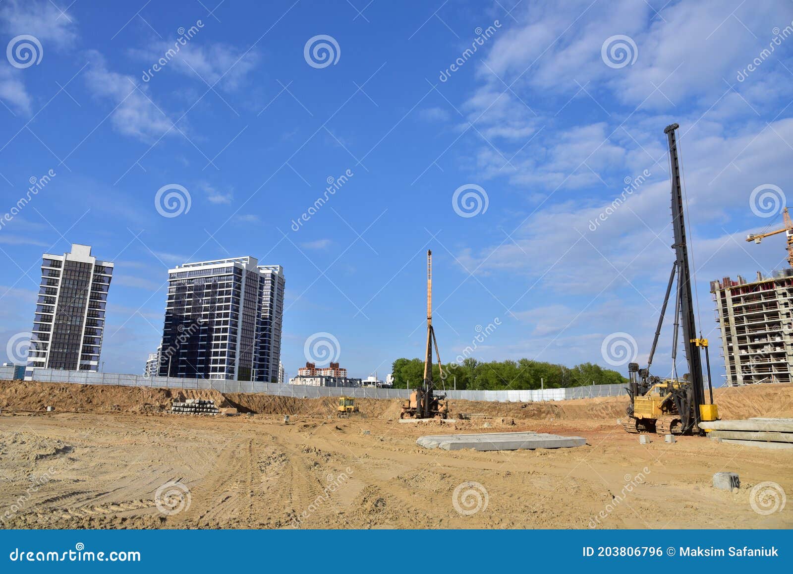 Construction Site with Machinery for Deep Foundation Piling. Vibrating ...