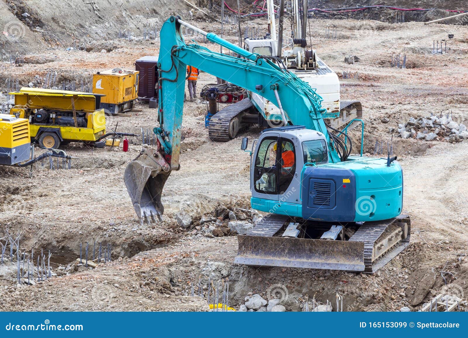Construction Site with Machinery and Workers Editorial Stock Image ...