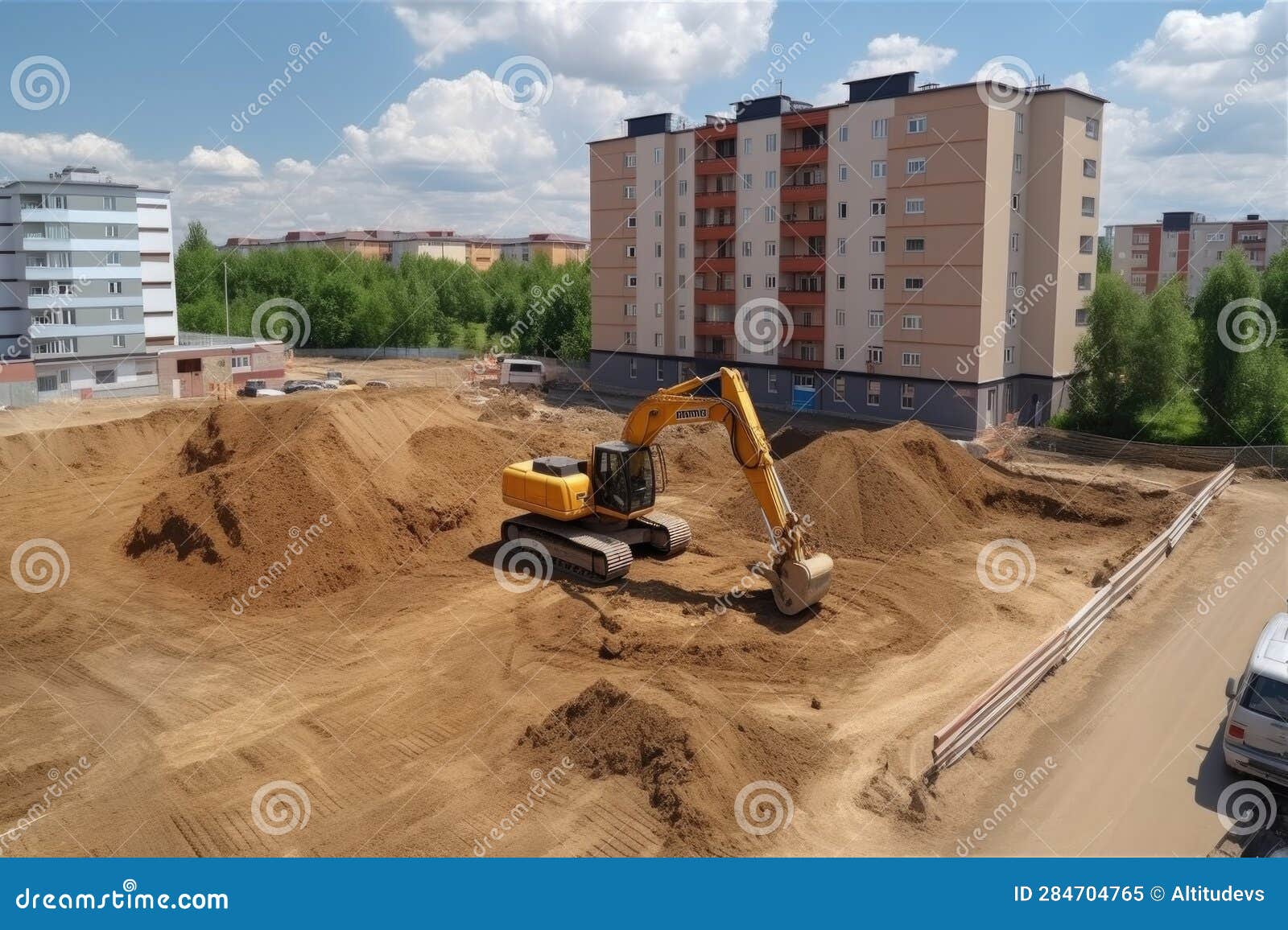 Construction Site with Massive Excavator Digging Foundation for New ...
