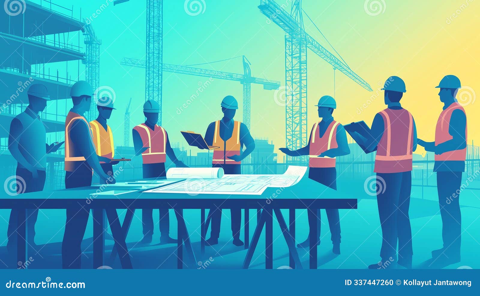 Construction Site Meeting: a 3D Vector Illustration of Teamwork and ...