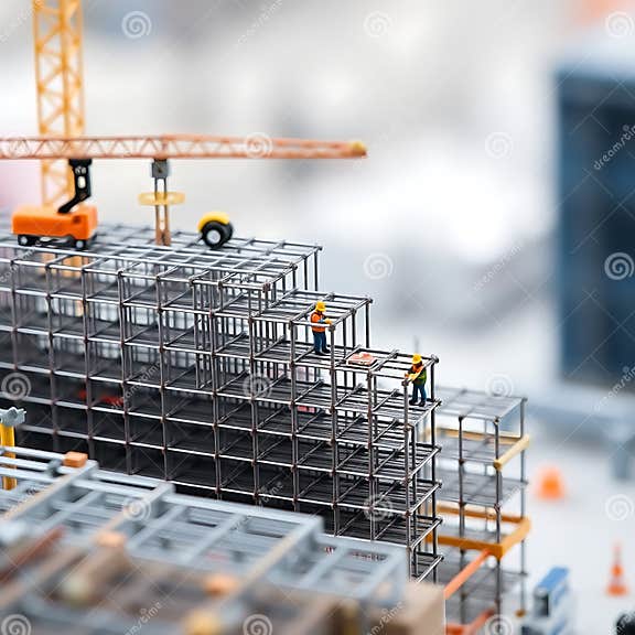 Construction Site Miniatures, Wire Mesh Reinforcement Grid, Tiny Figurines of Workers, Tilt ...