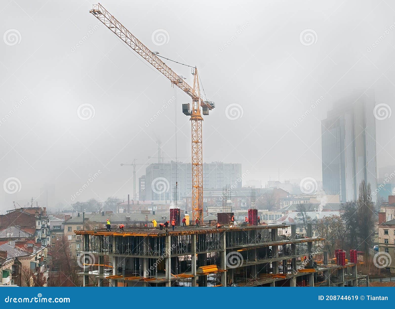 Construction site in mist stock image. Image of place - 208744619