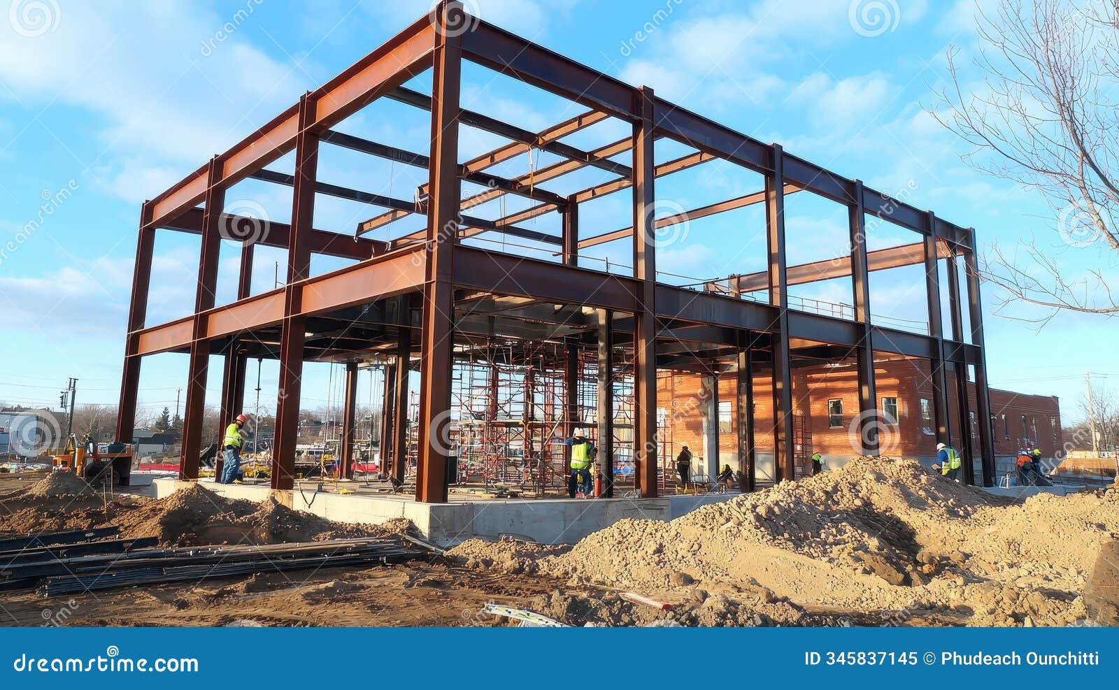Construction Site of a Modern Steel Framework Building Under a Clear ...