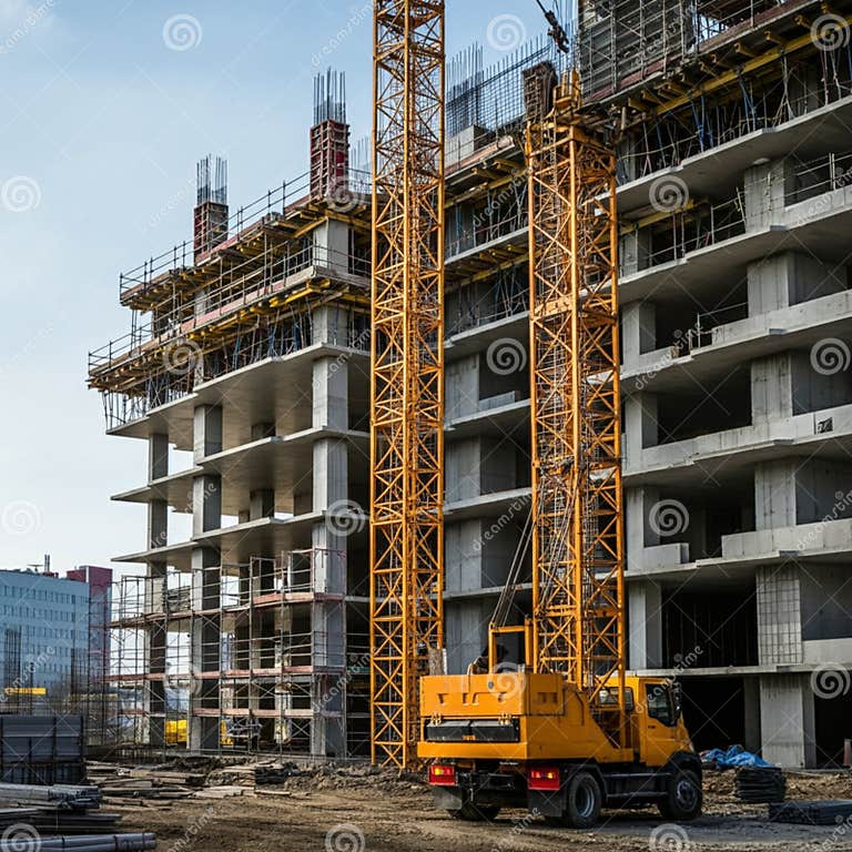 Construction Site with a Multi-story Concrete Building Structure Under ...