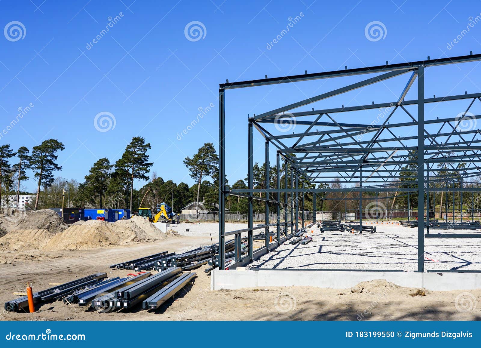 In the Construction Site New Steel Structure is Under Construction ...