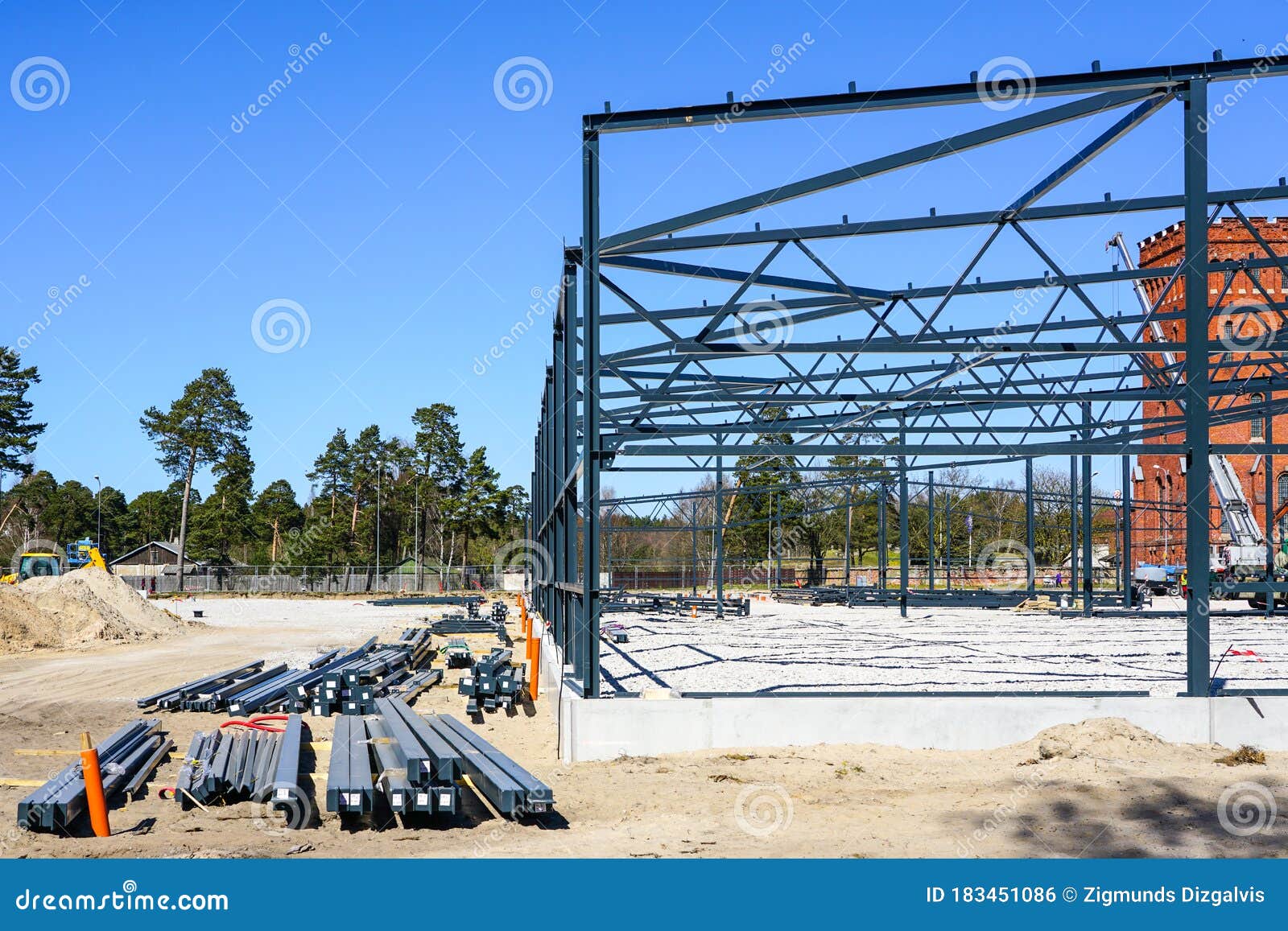 In the Construction Site New Steel Structure is Under Construction ...