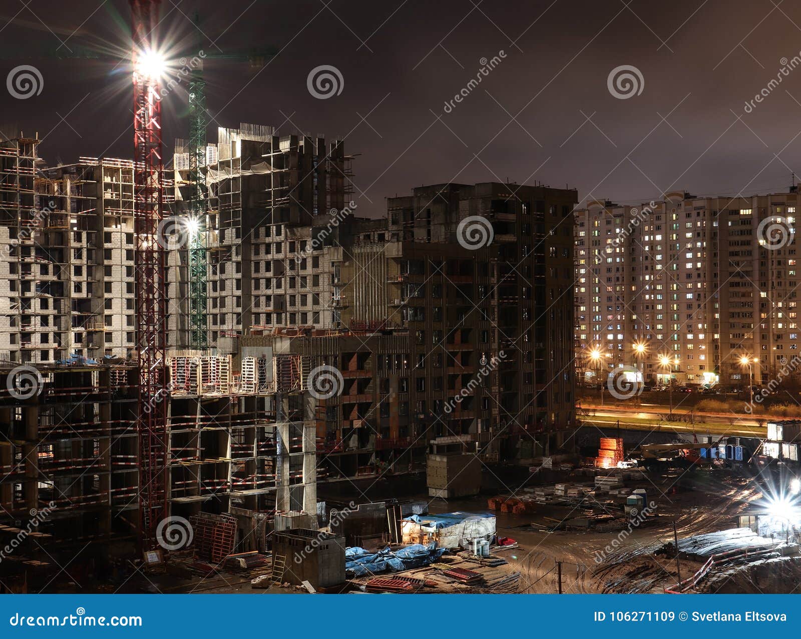 Construction site at night stock image. Image of tower - 106271109