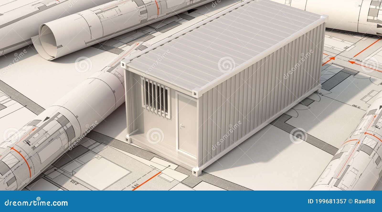 Construction Site Office, Cargo Container Model on Building Blueprint ...