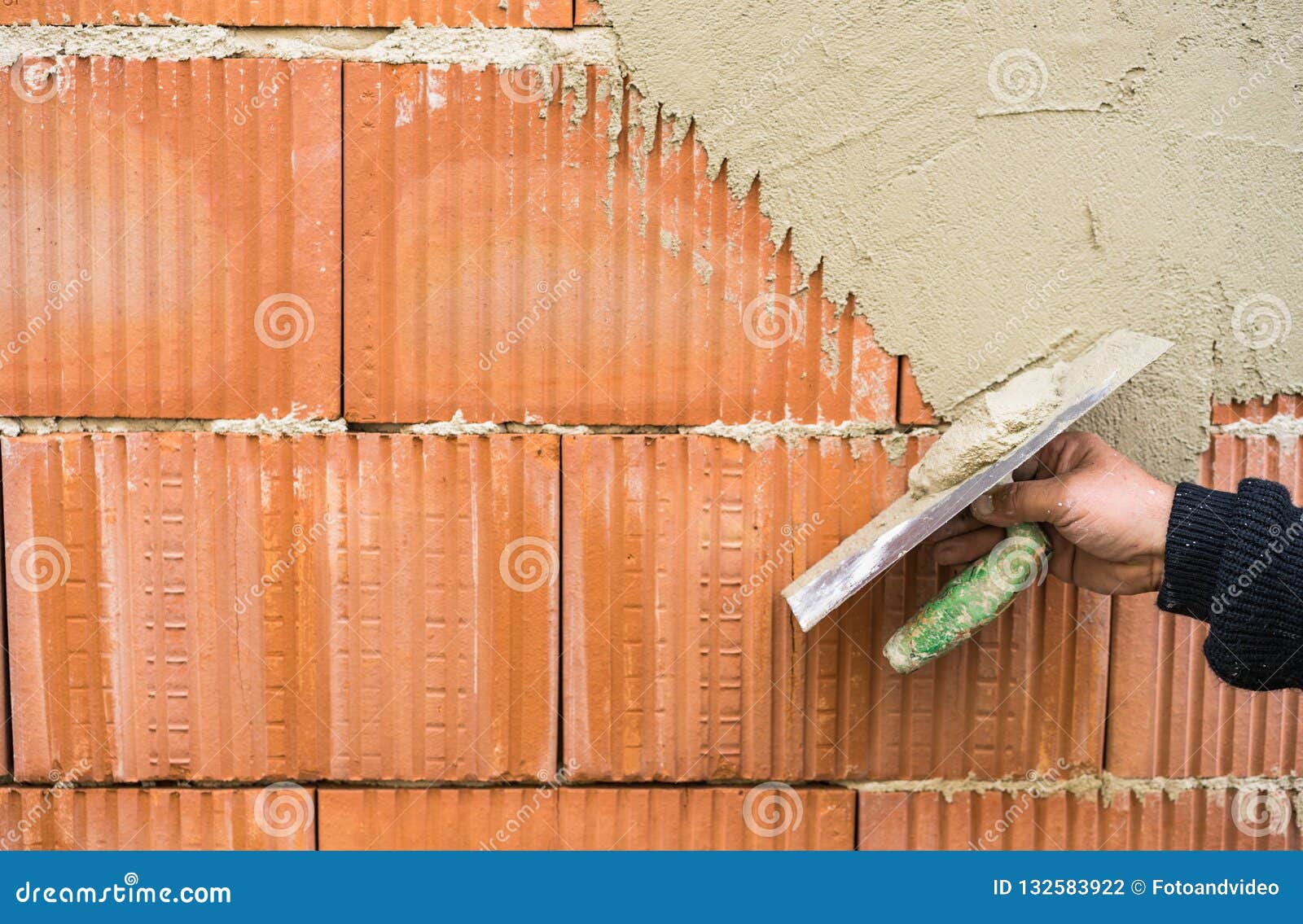 Construction Site, Professional Worker Plastering Brick Wall Stock ...