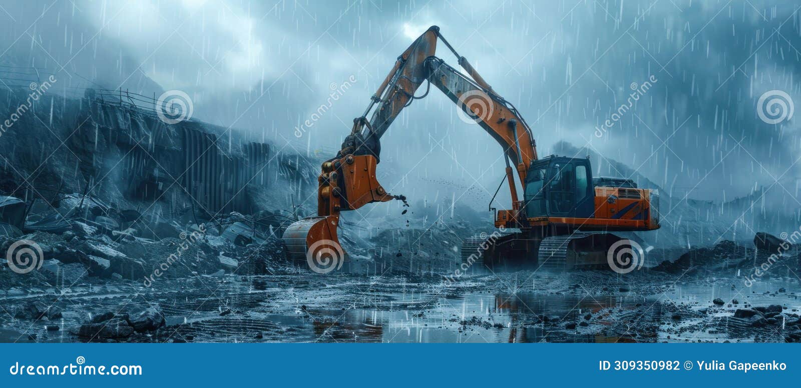 Construction Site in a Rain Day Excavator Stock Photo - Image of ground, construction: 309350982