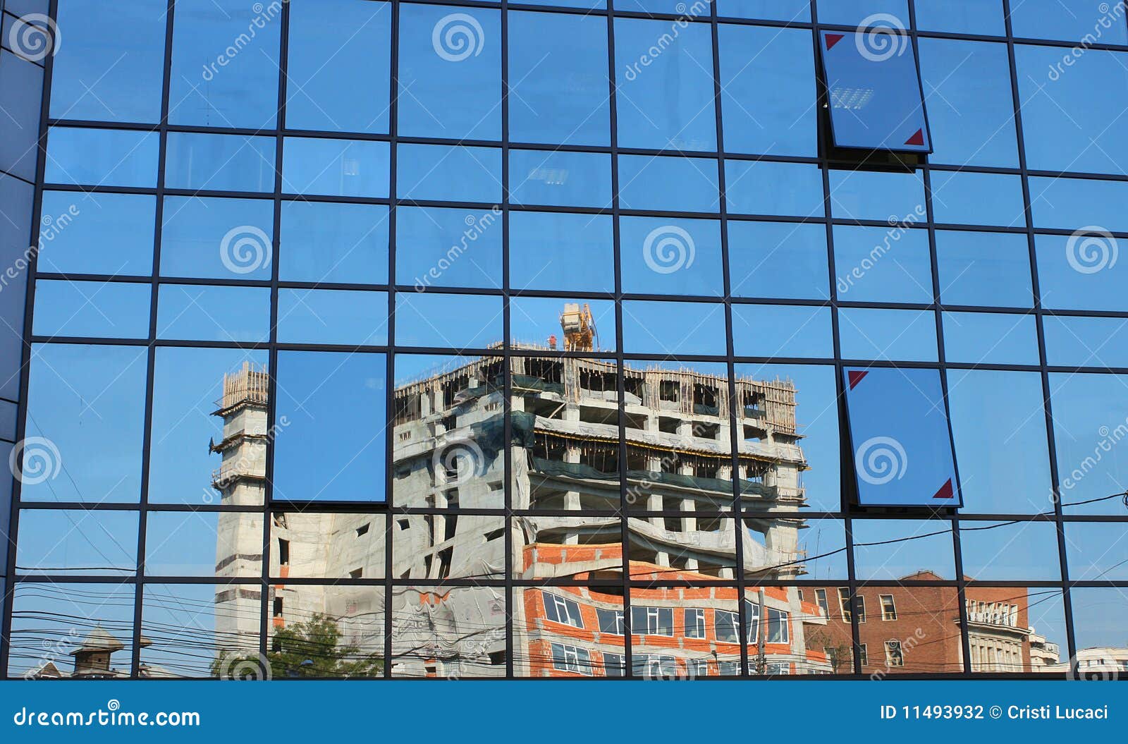 Construction Site Reflected in an Office Building Stock Photo - Image ...