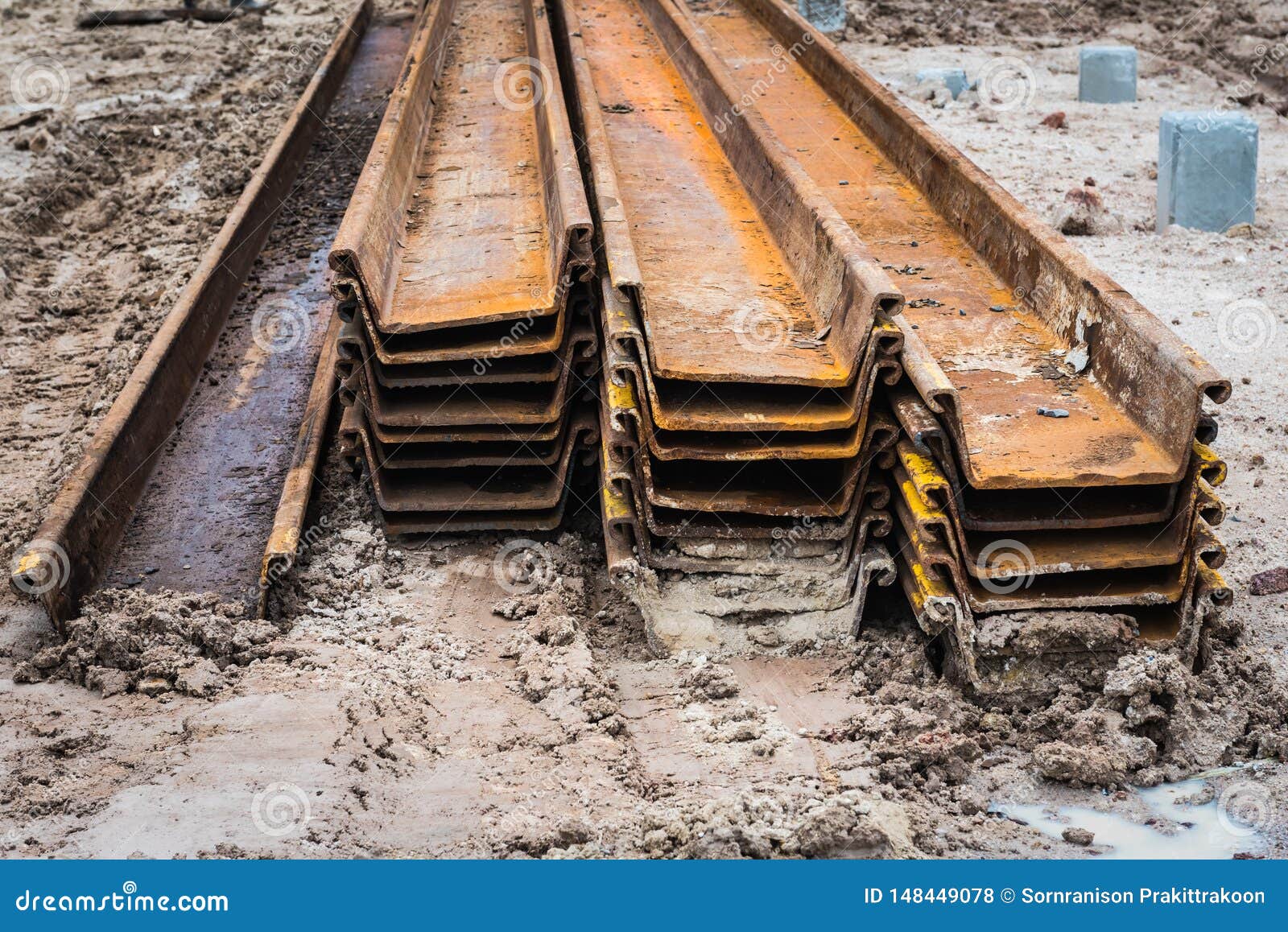 Sheet Pile Elements Stacked And Assembled In Pairs At A Bridge ...