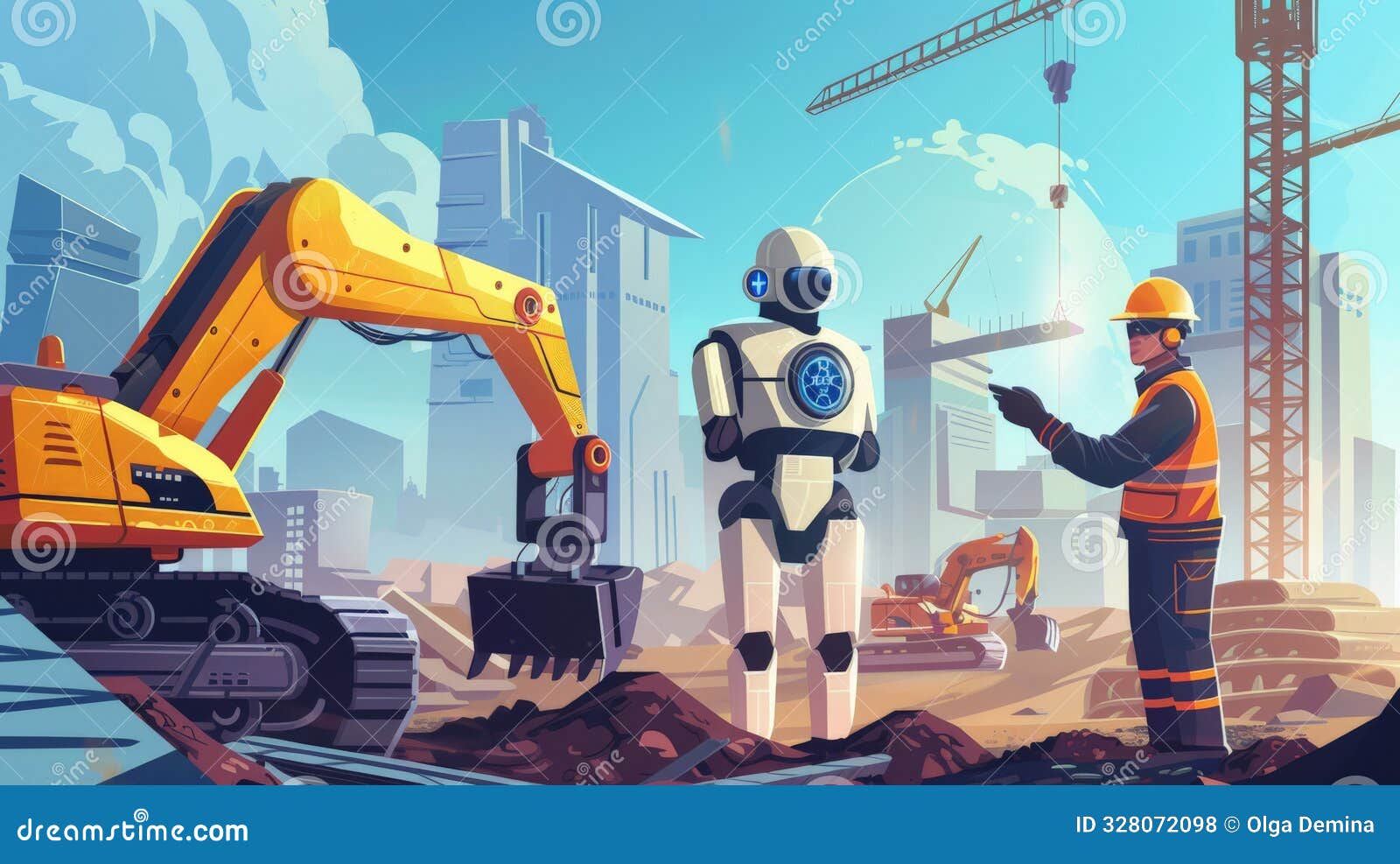 Construction Site with a Robot and Engineer Discussing Project Plans ...