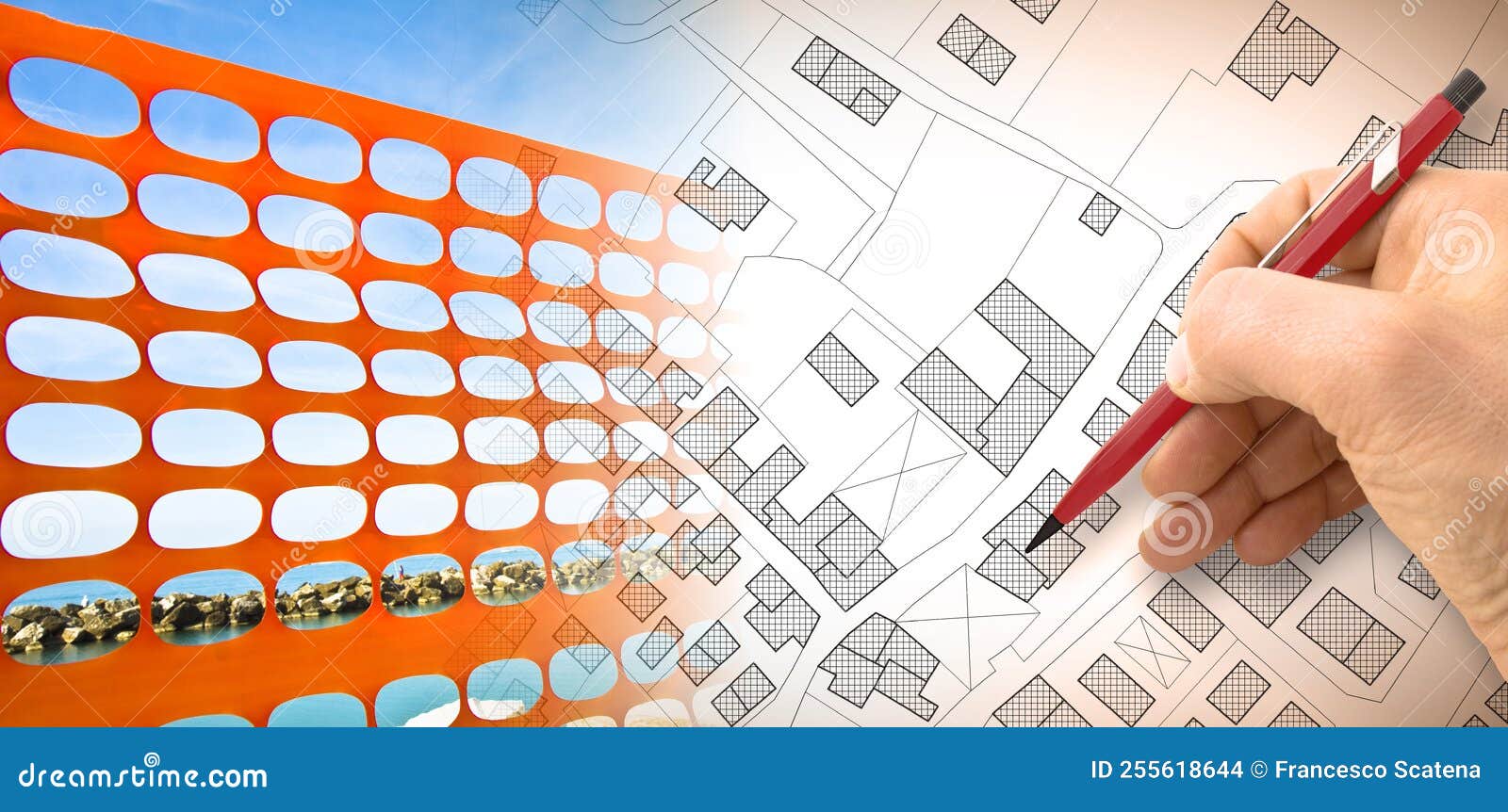 Construction Site with Safety Orange Plastic Grid on a Workplace ...