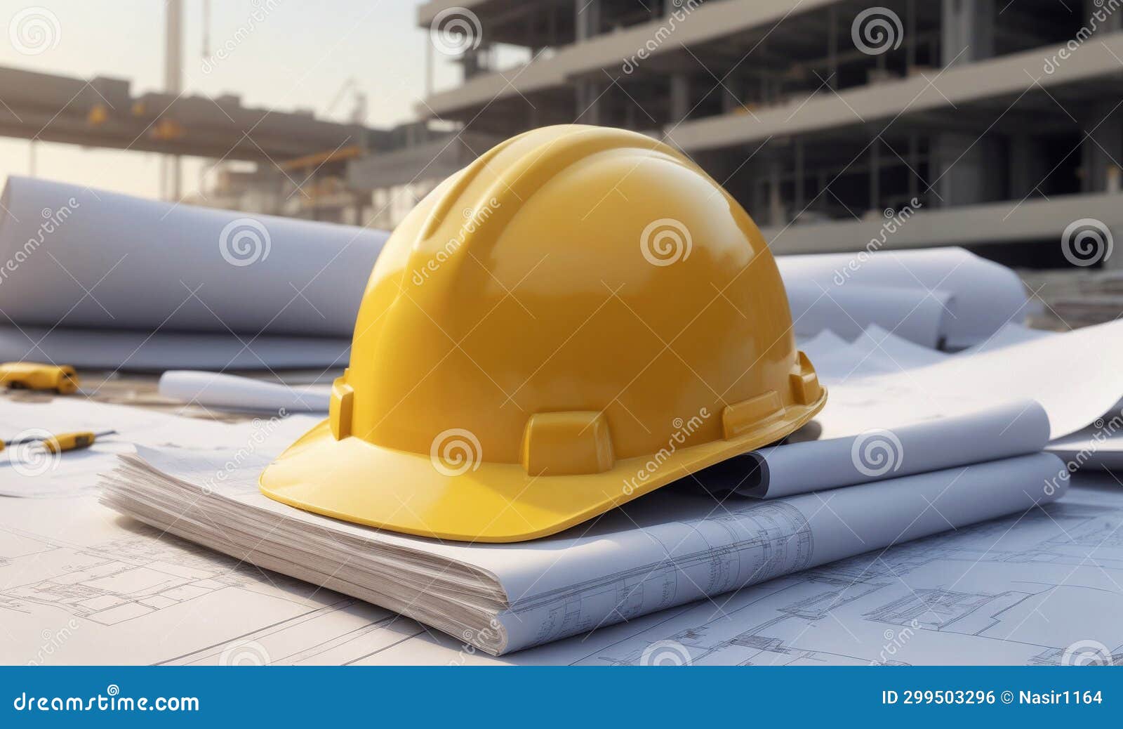Construction Site Scene Featuring a Yellow Hardhat Placed on a ...