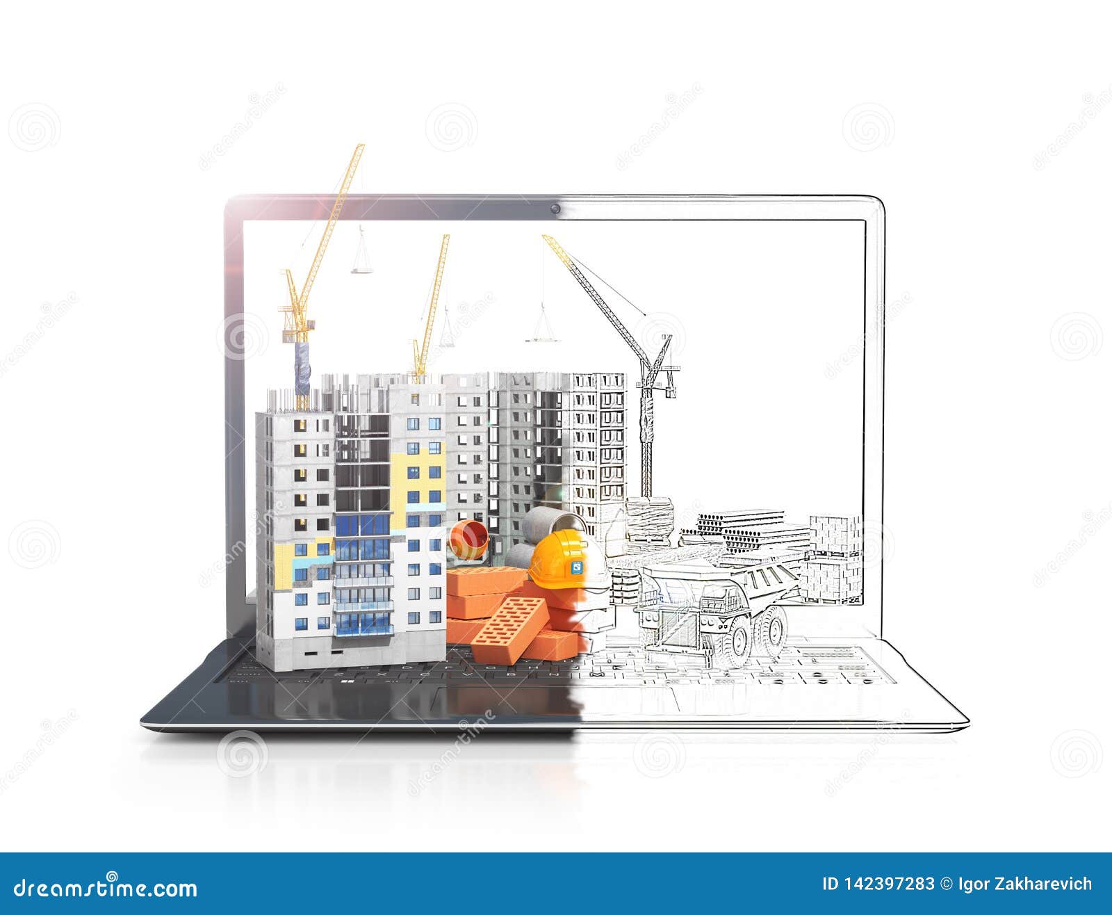 Construction Site on the Screen of a Portable Computer, Skyscraper ...