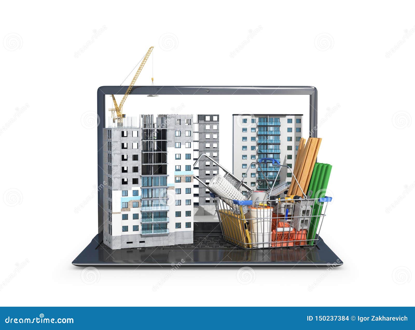 Construction Site on the Screen of a Portable Computer, Skyscraper ...
