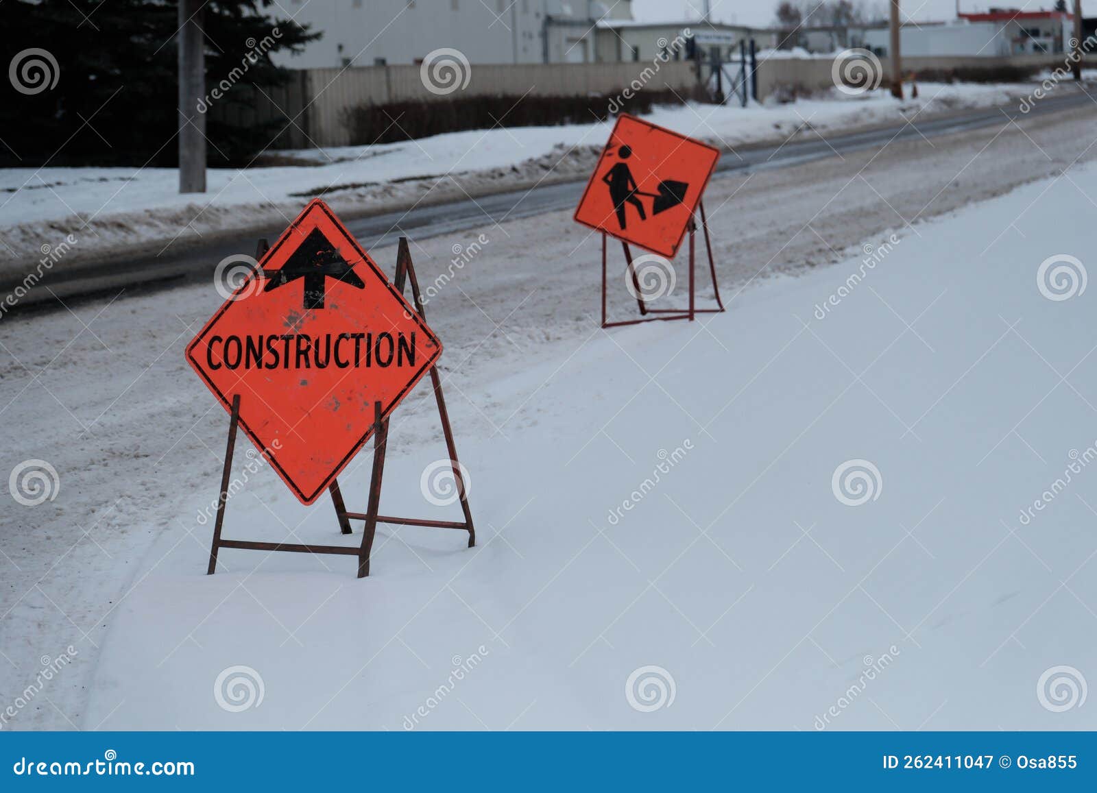 Construction Site Signs on Snow Covered Road Stock Image - Image of ...