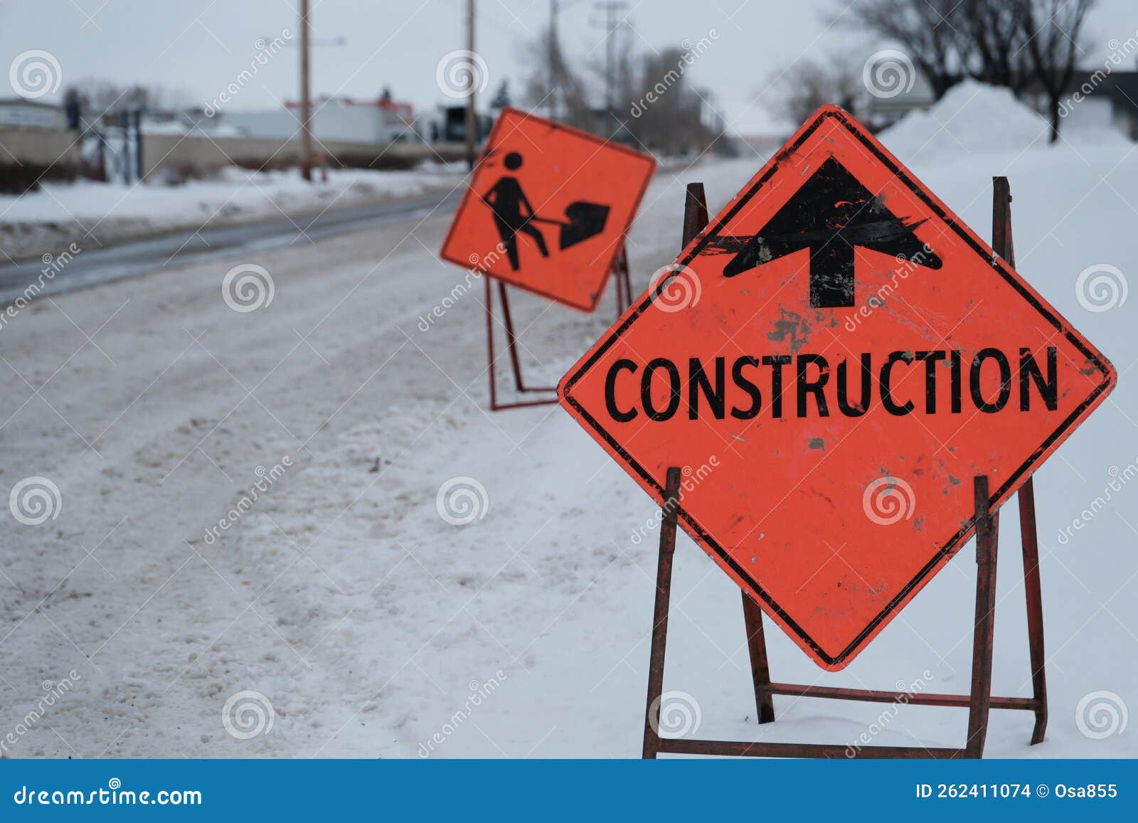Construction Site Signs on Snow Covered Road Stock Photo - Image of ...