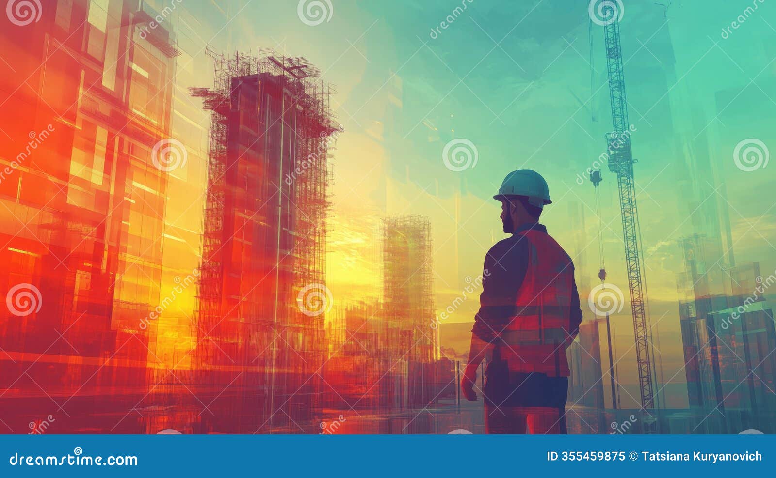 Construction Site Silhouette at Sunset, Worker Observing Building ...