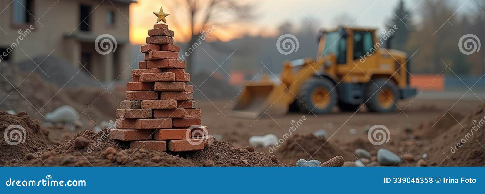 Construction Site with a Small Pyramid Made of Bricks and a Yellow ...