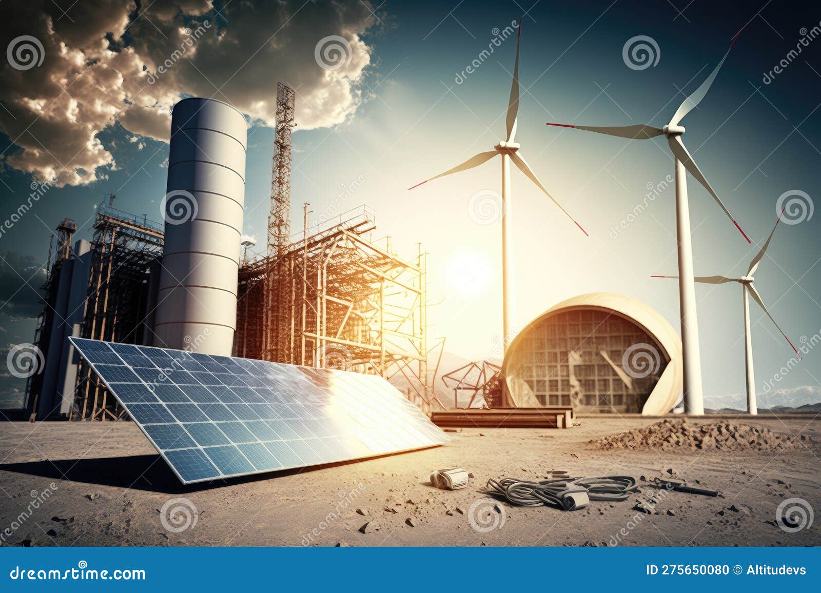 Construction Site with Solar Energy Panels and Wind Turbines Stock ...