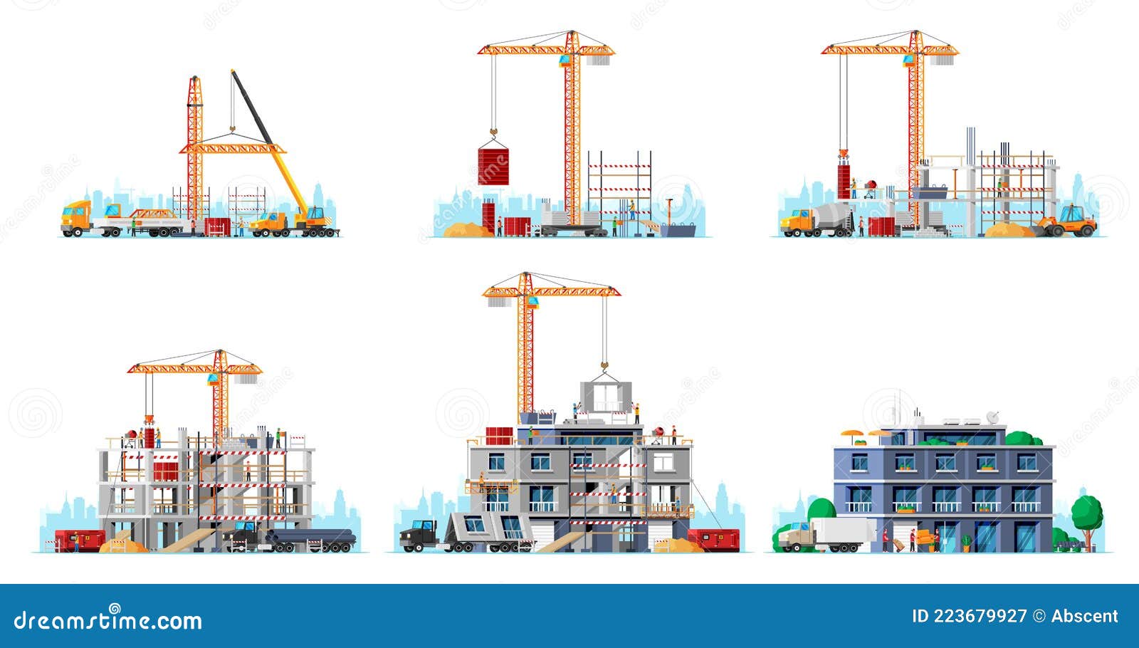 Construction Site Stages Isolated on White. Stock Vector - Illustration ...
