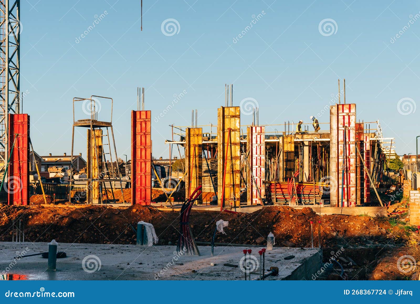 Construction Site with Steel Formworks and Reinforcing Bars for Pillars ...