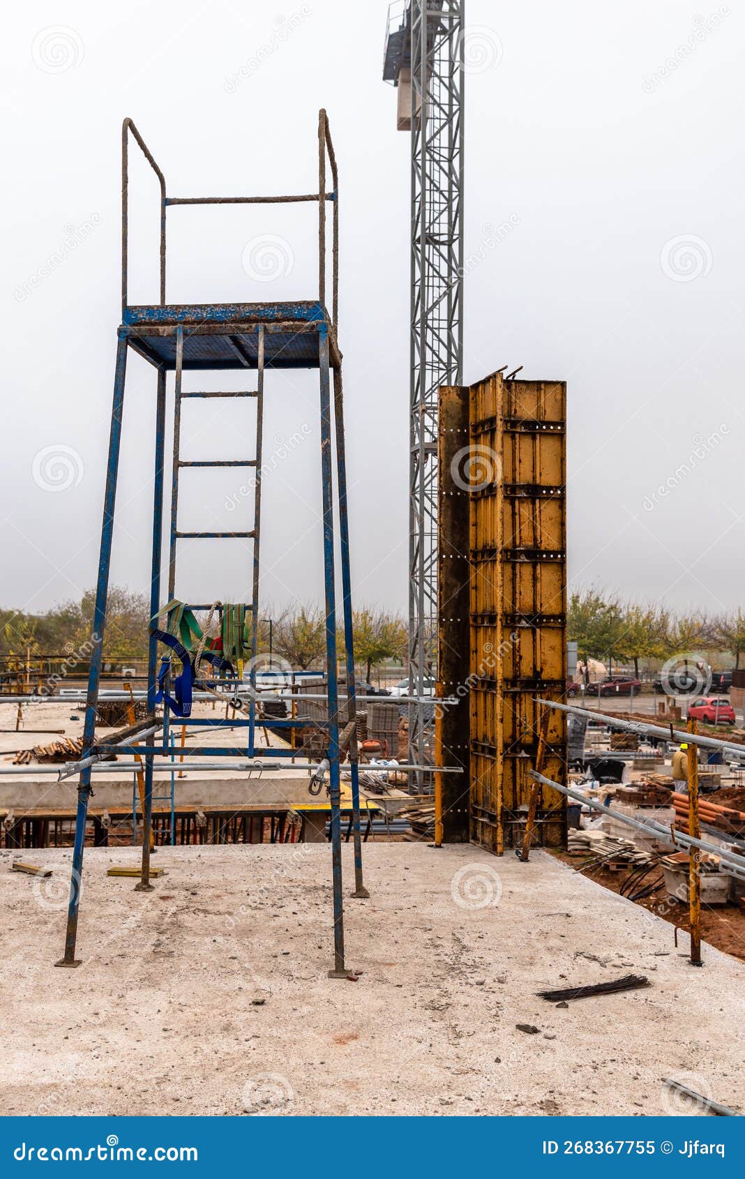 Construction Site With Steel Formworks And Reinforcing Bars For Pillars ...