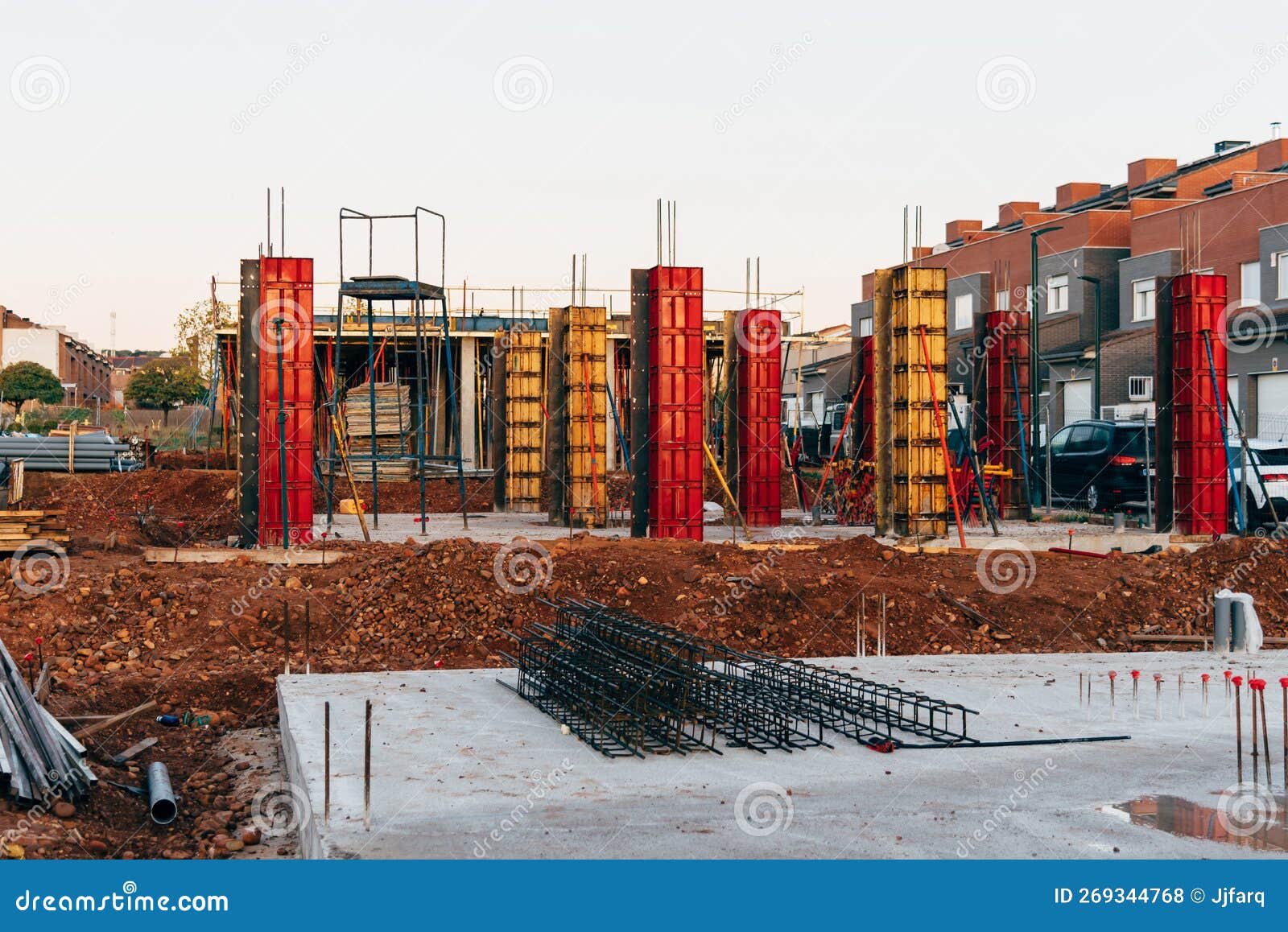 Construction Site with Steel Formworks and Reinforcing Bars for Pillars ...