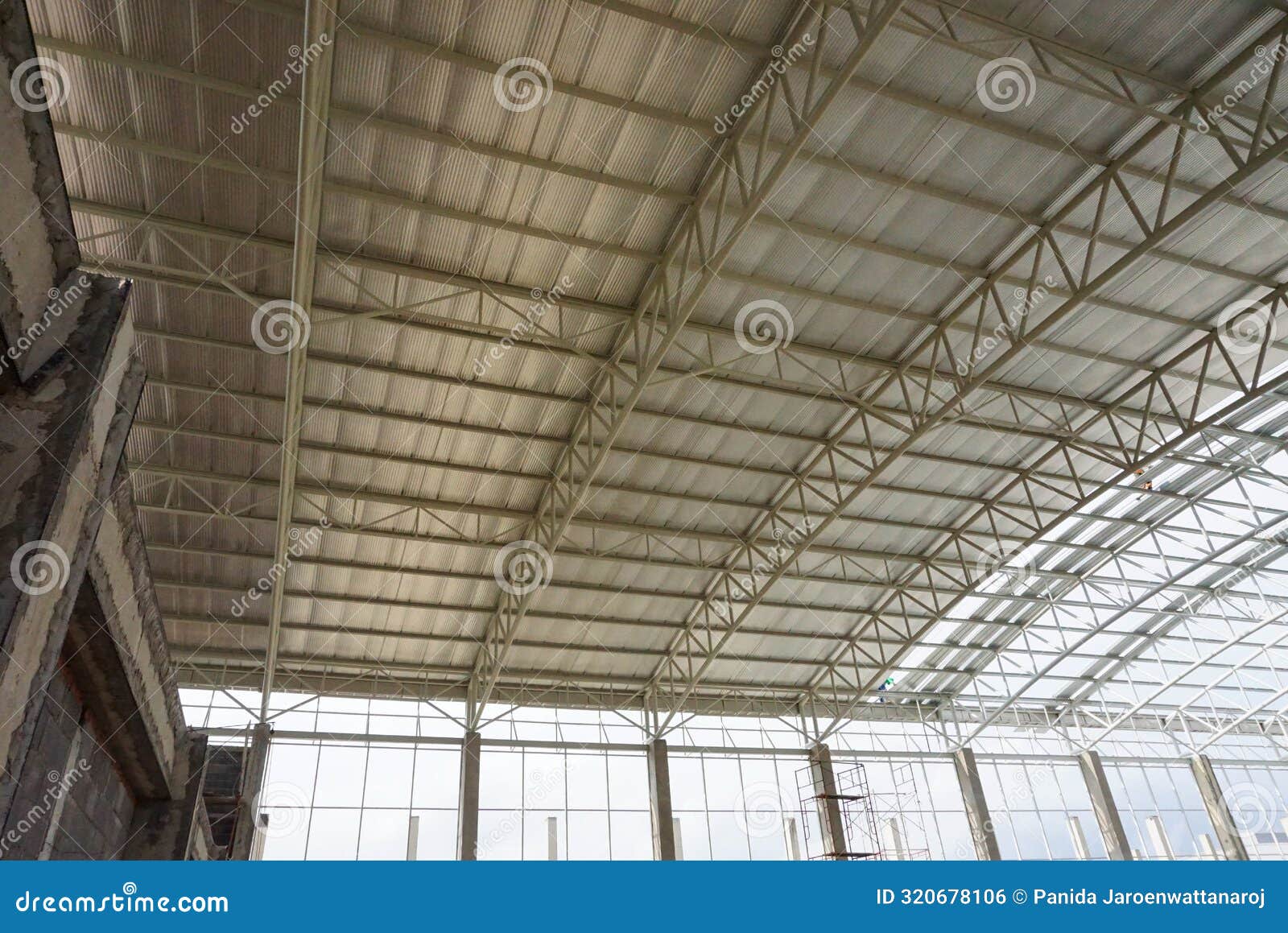 Construction Site : Steel Structure of Rooftop in Factory Warehouse ...