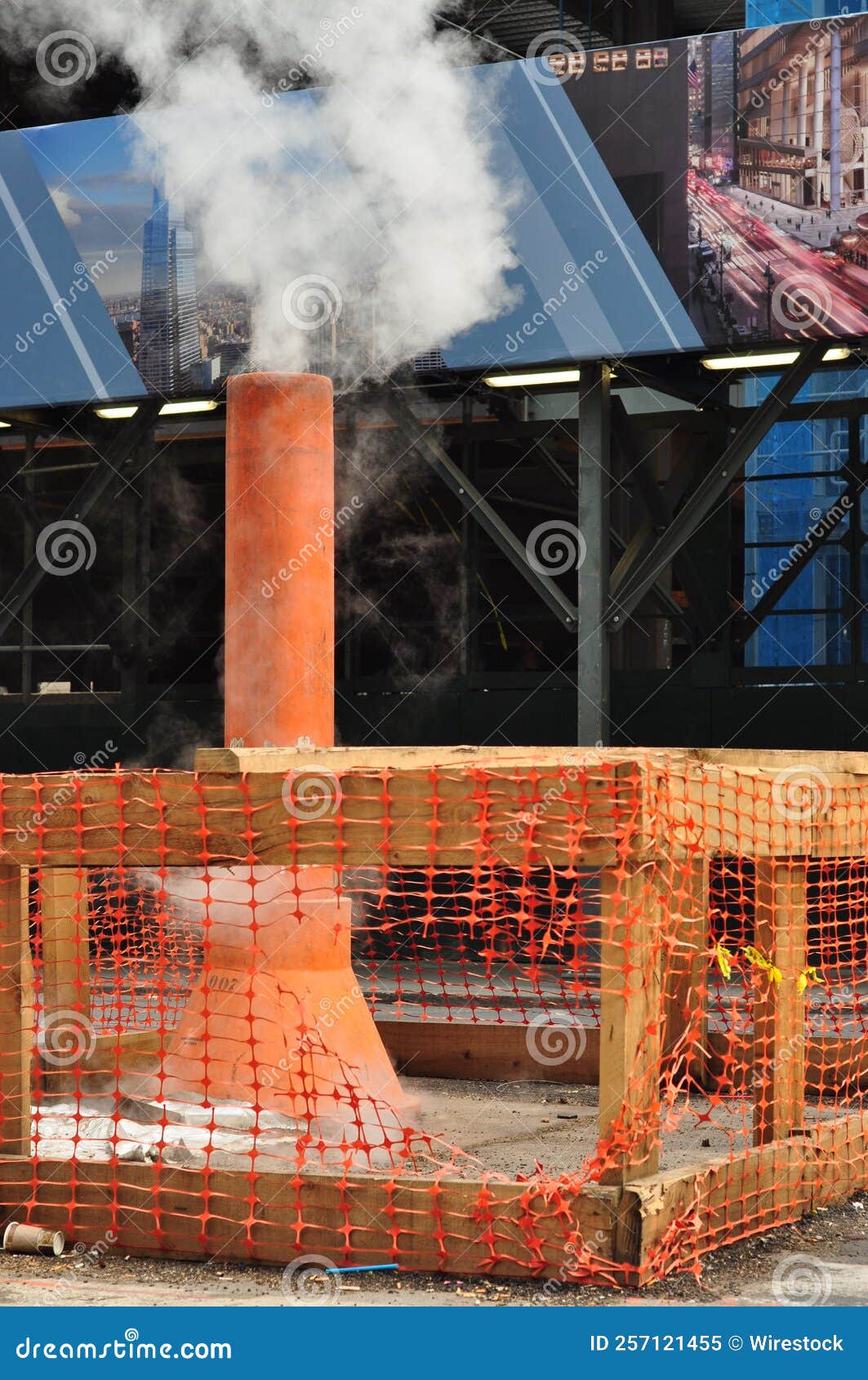 Construction Site on a Street with a Steam Spewing Pipe Stock Image ...