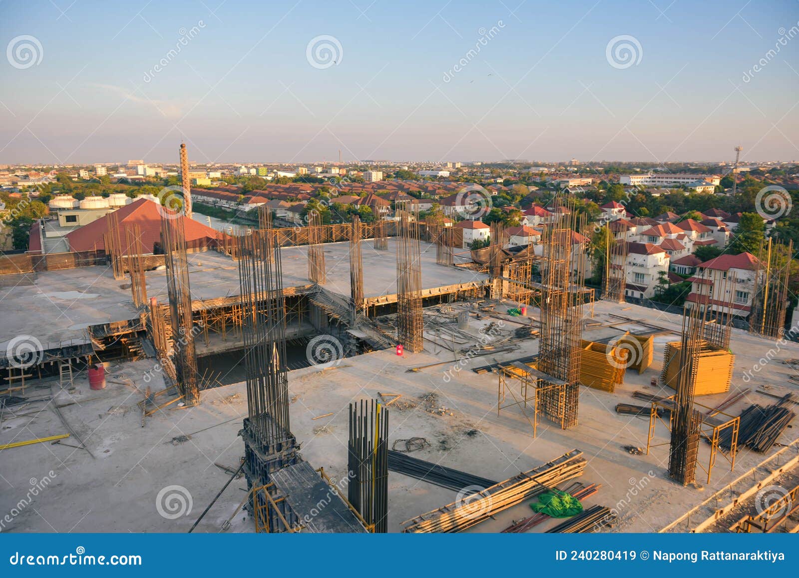 Construction Site and Sunset Background Stock Image - Image of steel ...