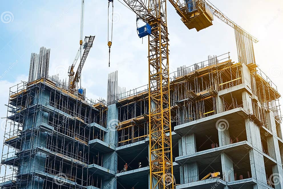 Construction Site at Sunset with Cranes and Building Frames in Progress Stock Illustration ...