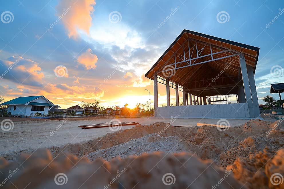 Construction Site at Sunset with Partially Built Structure and Vibrant ...